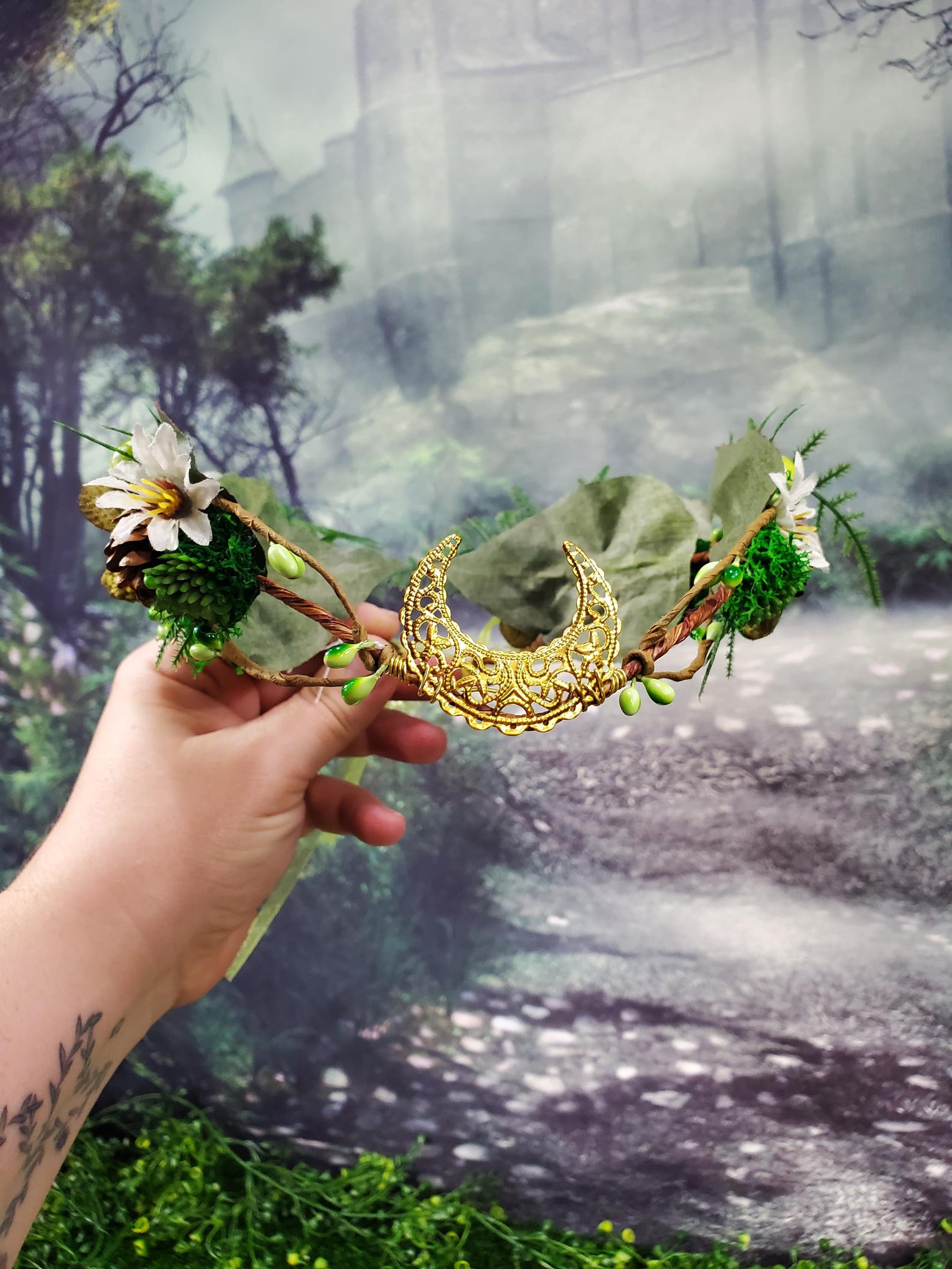 Woodland Moss and Florals Circlet - Gold Moon Flowercrown - Earthy ...