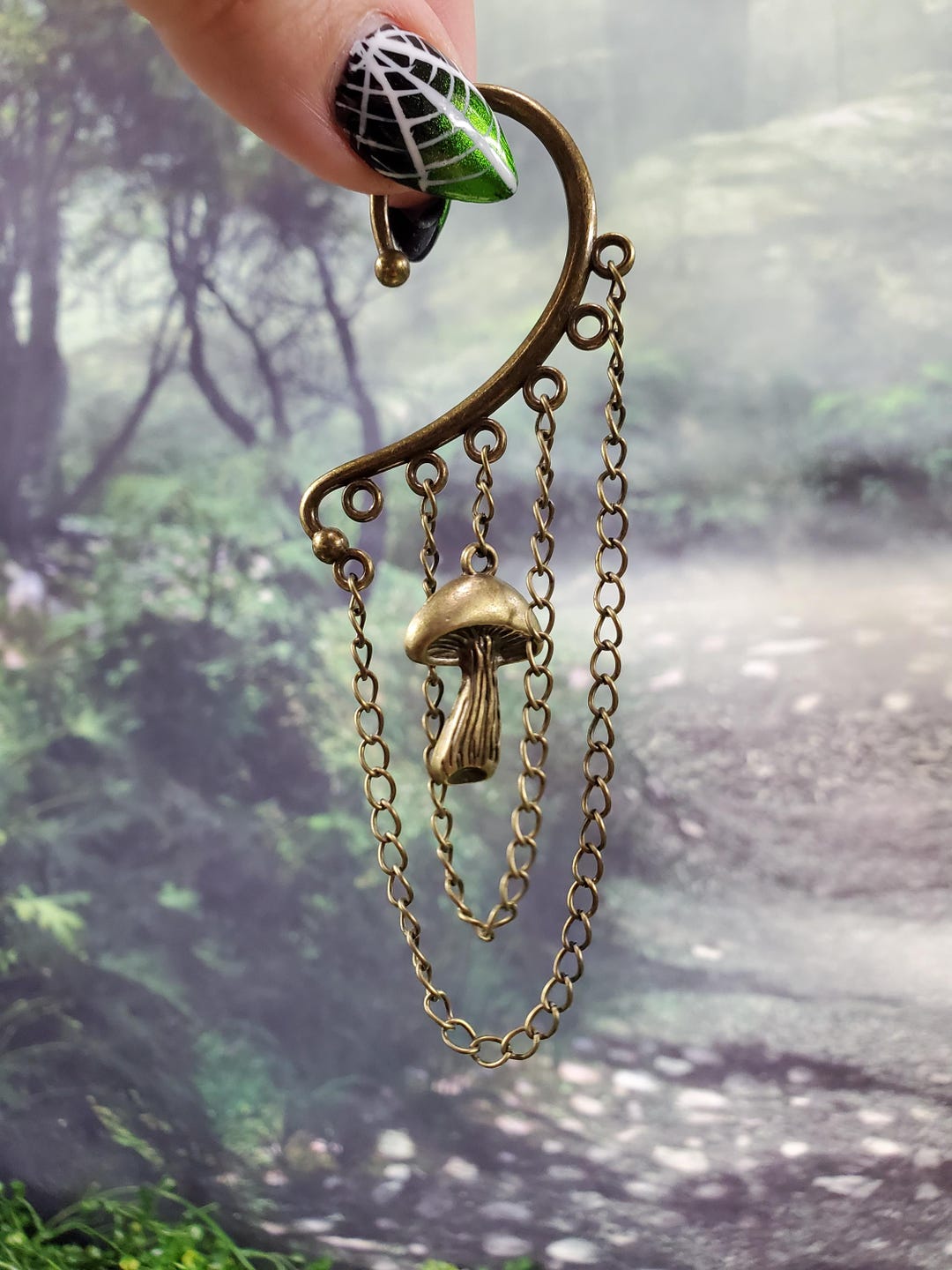 Mushroom Ear Cuff, Dangle Chain Ear Hanger, Silver or Bronze - Etsy