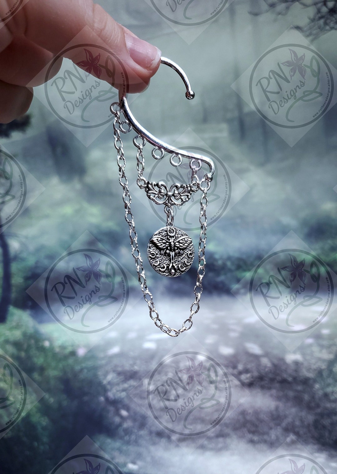 Moonphase Ear Cuff - Moth and Moon Silver Coin Earcuff - Ear Hanger ...