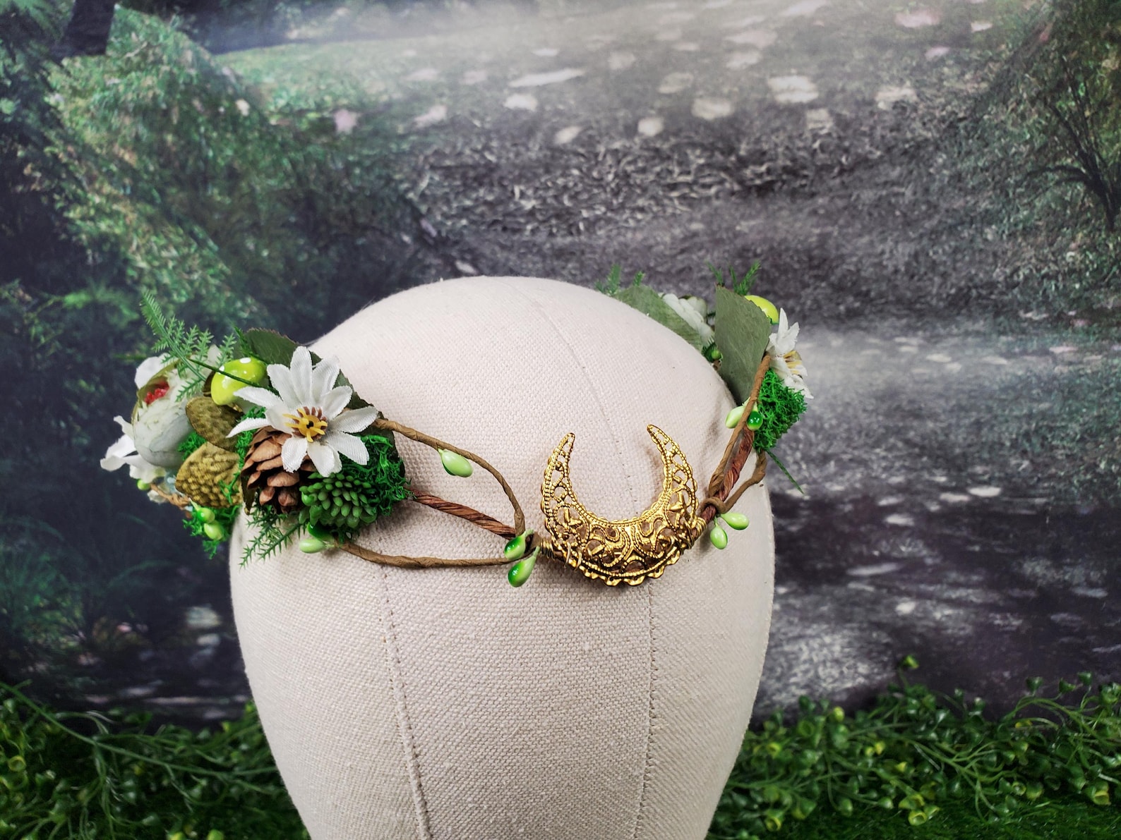 Woodland Moss and Florals Circlet - Gold Moon Flowercrown - Earthy ...
