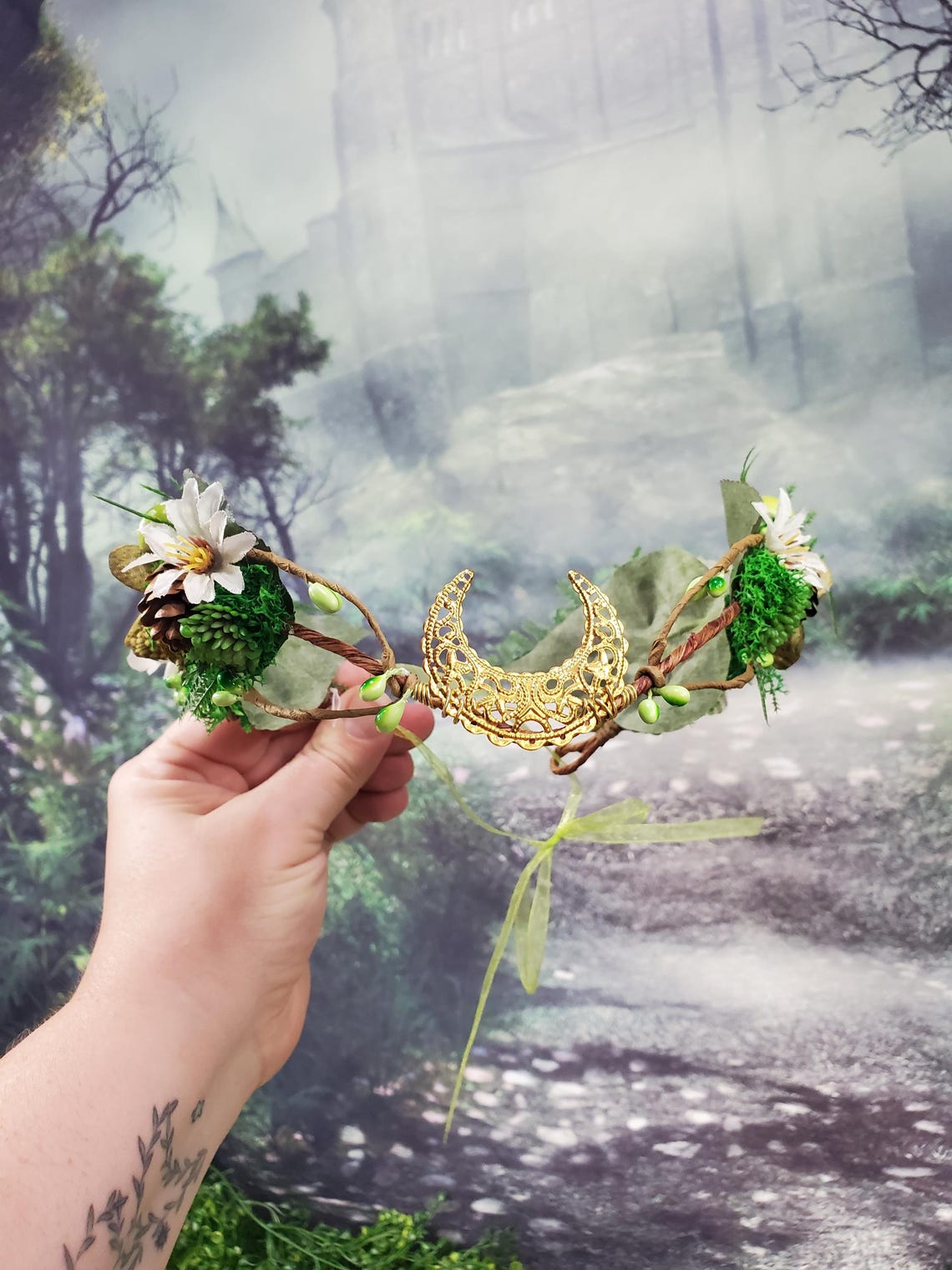 Woodland Moss and Florals Circlet - Gold Moon Flowercrown - Earthy ...