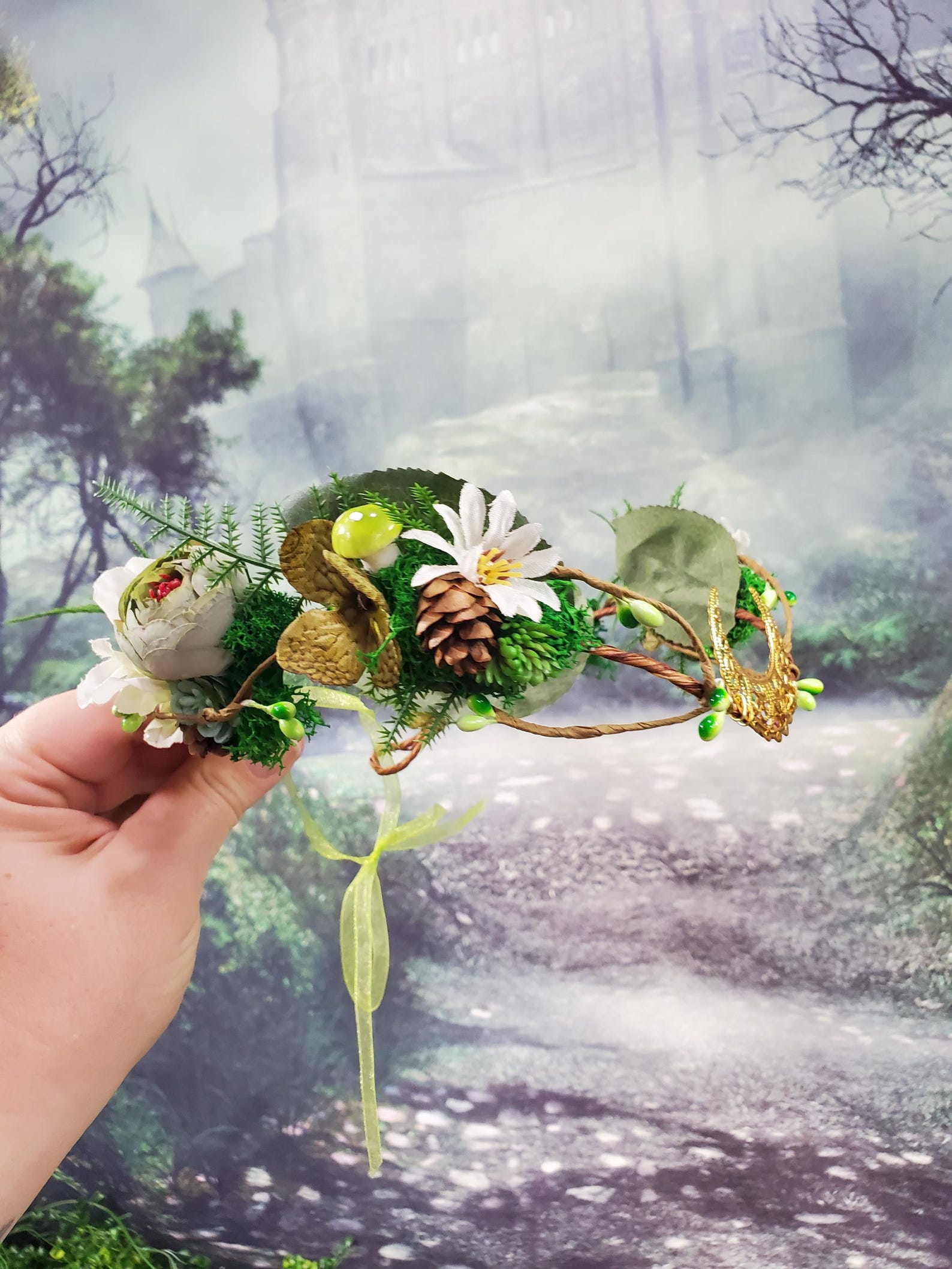 Woodland Moss and Florals Circlet - Gold Moon Flowercrown - Earthy ...
