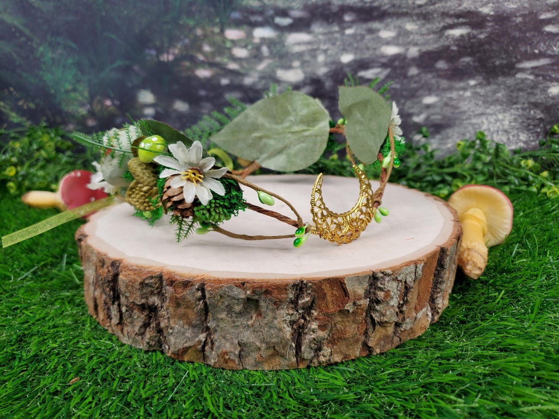 Woodland Moss and Florals Circlet - Gold Moon Flowercrown - Earthy ...