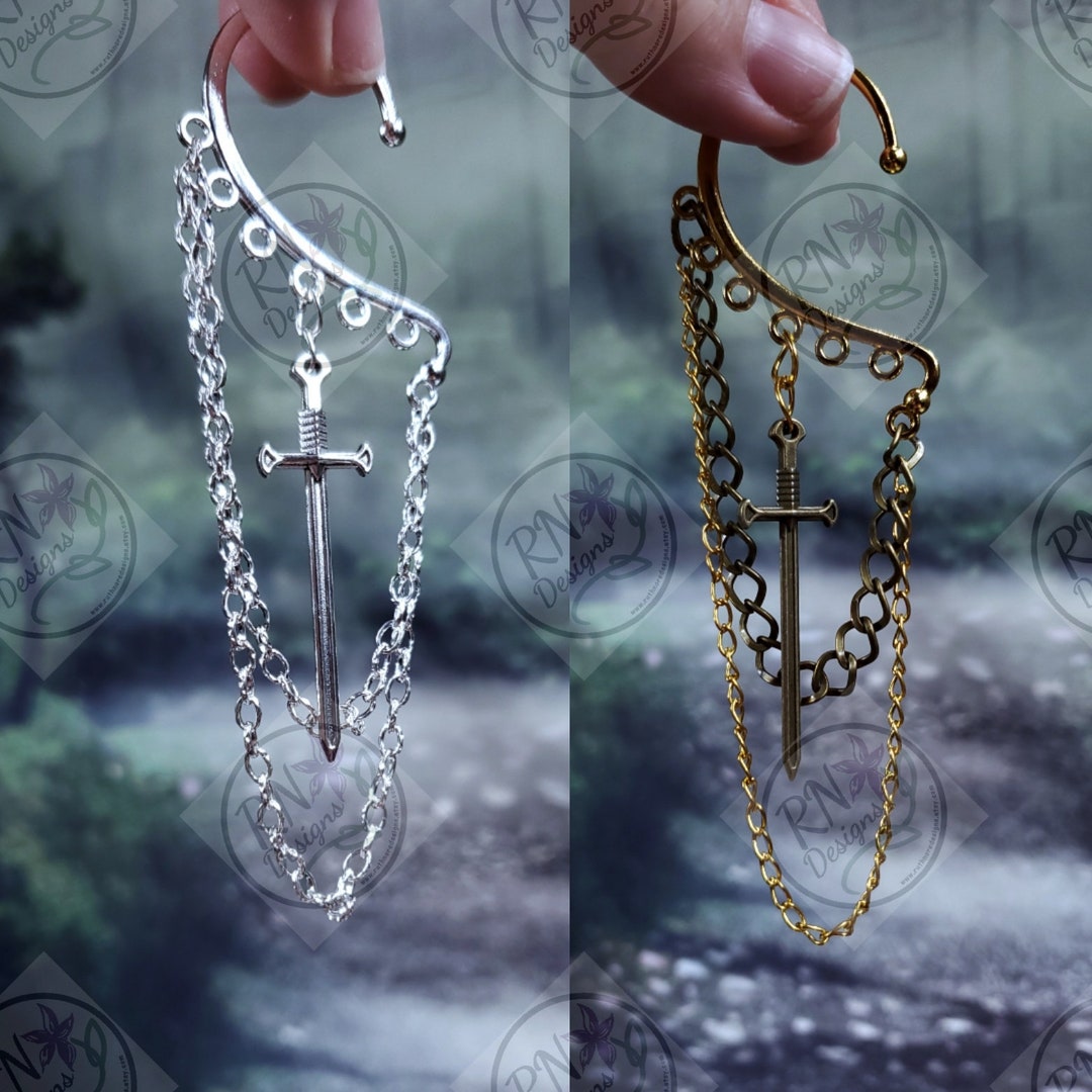 Sword Ear Cuff Gold and Bronze or Silver Ear Hanger Earrings Sword Ear ...