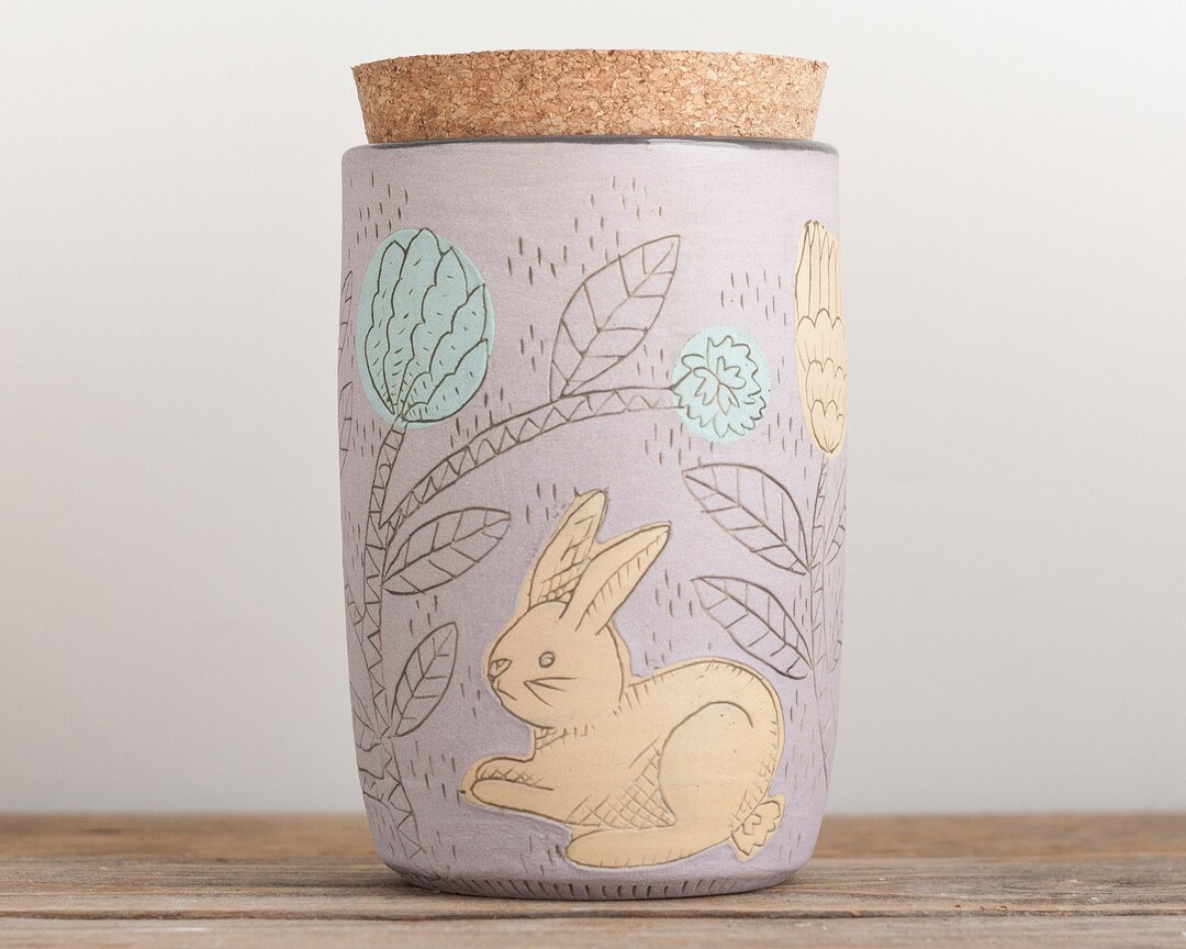 Rabbit - Cork Jar - Stash Jar - Tea Canister - Folk - Illustrated ...