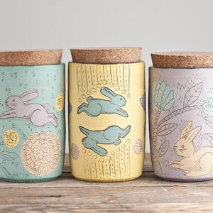 Rabbit - Cork Jar - Stash Jar - Tea Canister - Folk - Illustrated ...