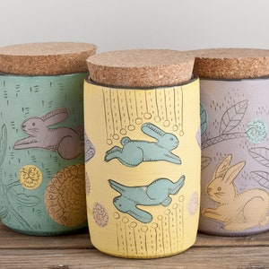Rabbit - Cork Jar - Stash Jar - Tea Canister - Folk - Illustrated ...