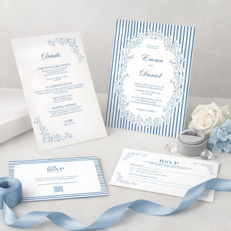Modèle de suite de faire-part de mariage à rayures bleues, faire-part ...