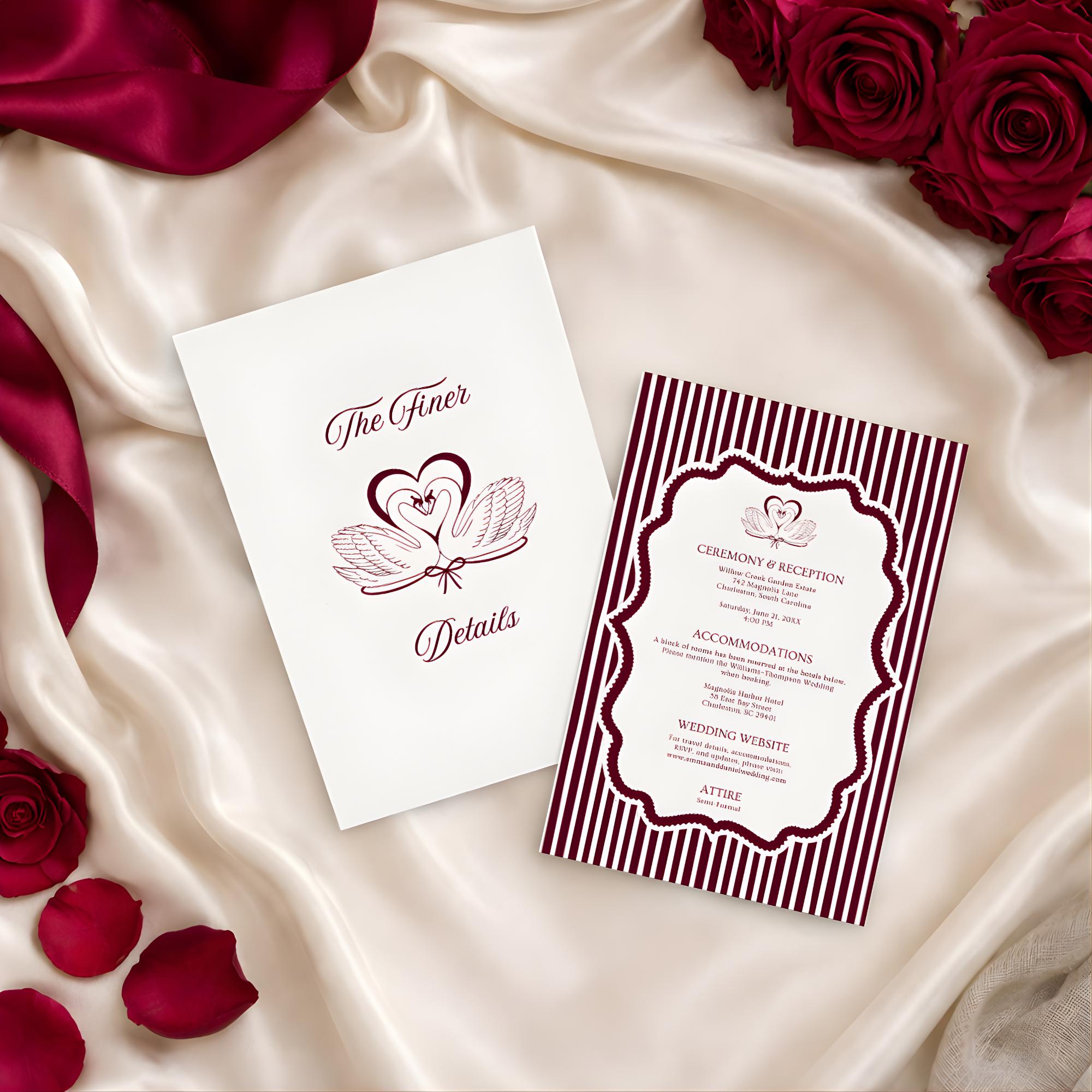 Swan Wedding Invitation Template, Old Money Luxury Burgundy Ivory ...