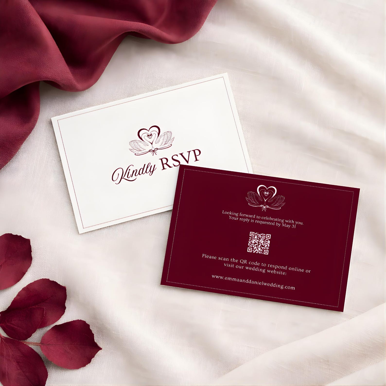 Swan Wedding Invitation Template, Old Money Luxury Burgundy Ivory ...