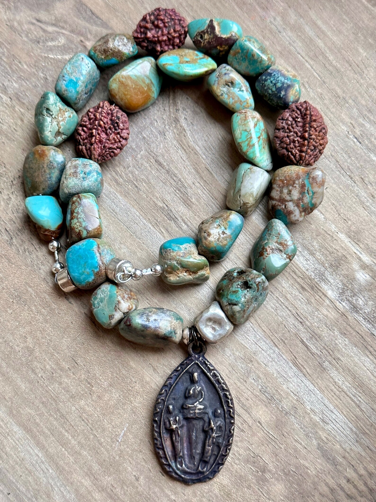 Unique Chunky Genuine American Turquoise Nugget Necklace With Rudraksha ...