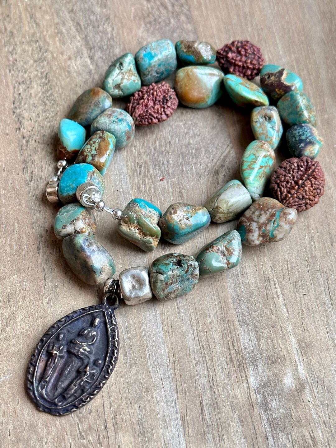 Unique Chunky Genuine American Turquoise Nugget Necklace With Rudraksha ...