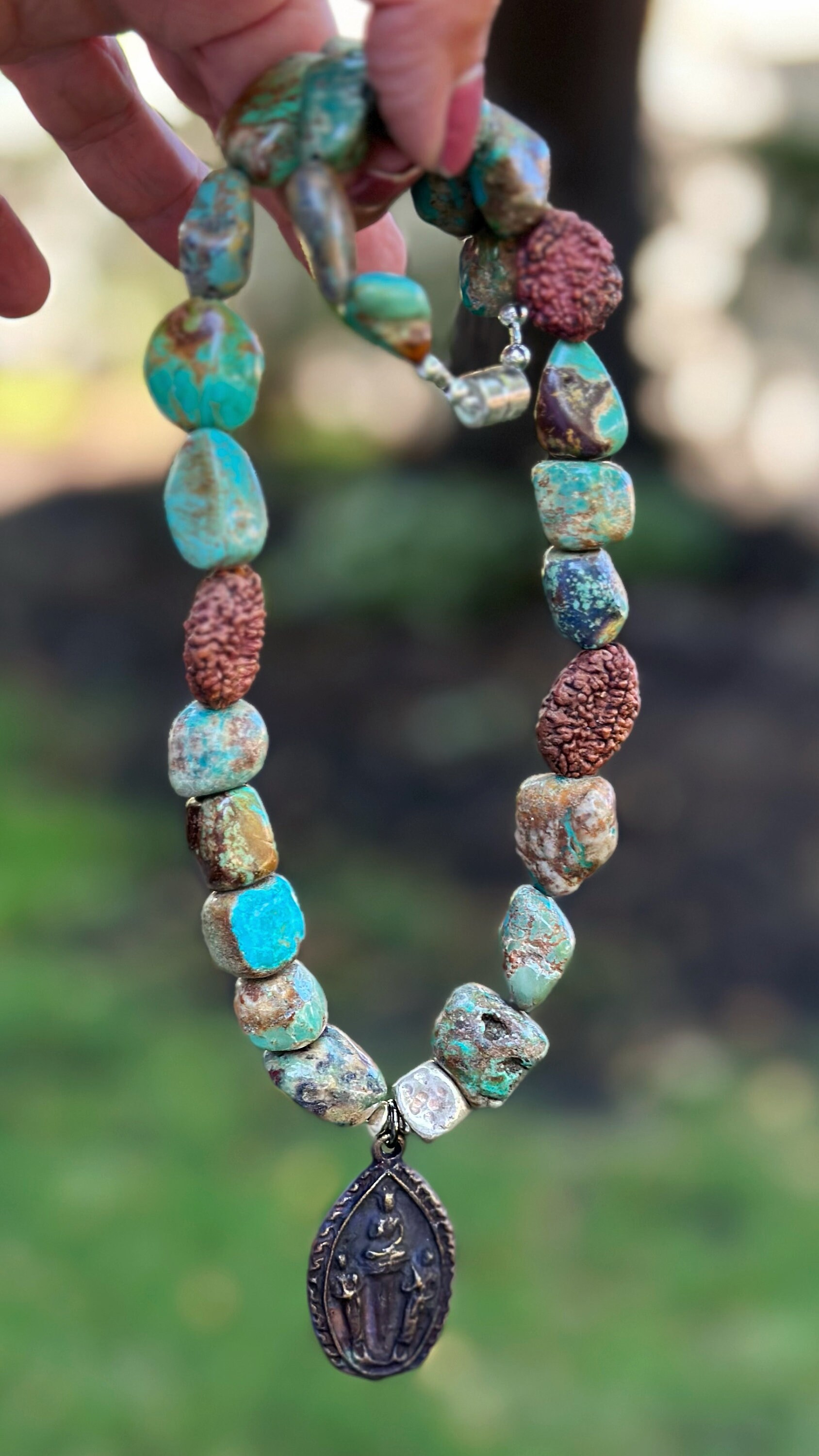 Unique Chunky Genuine American Turquoise Nugget Necklace With Rudraksha ...