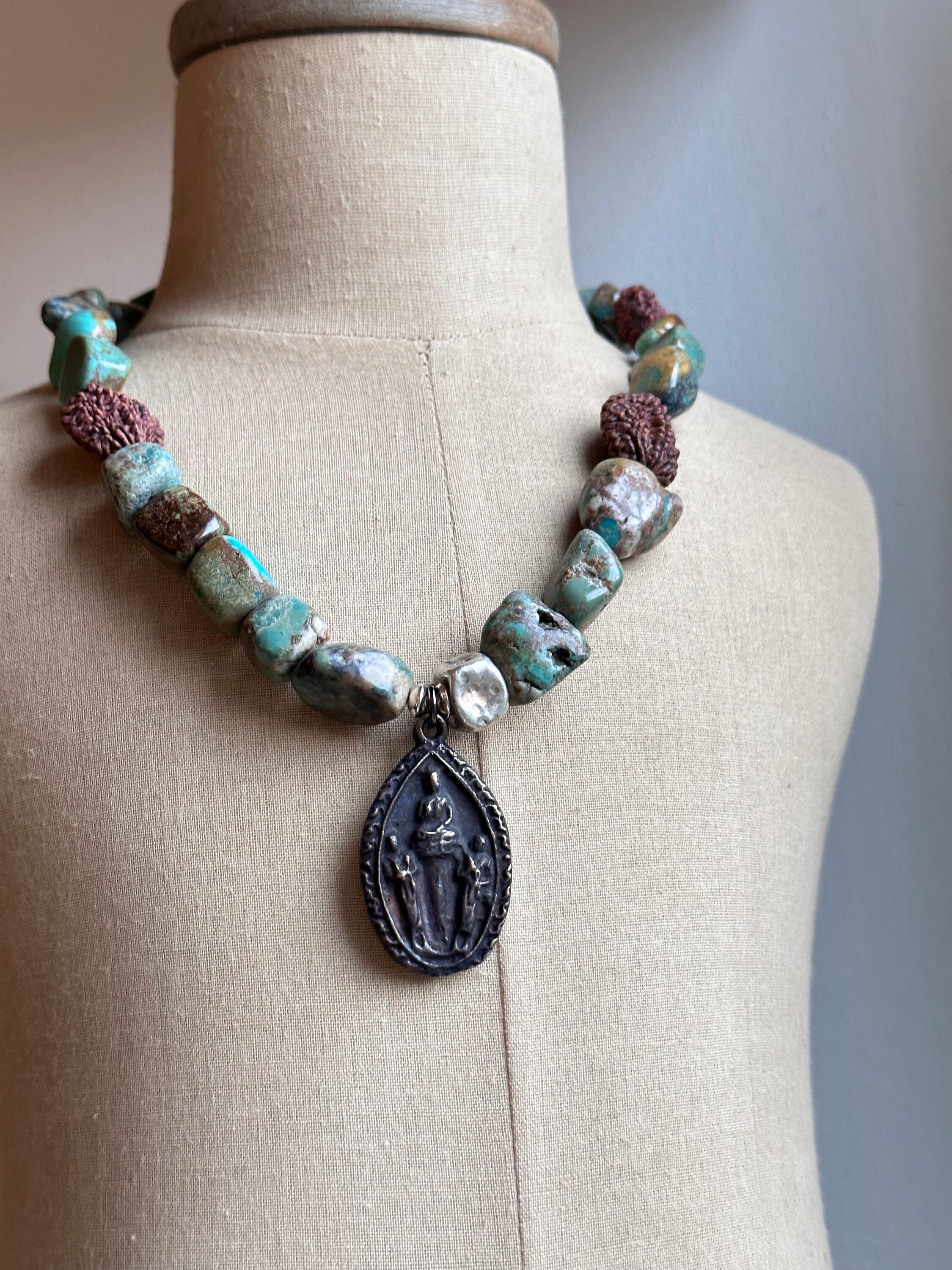 Unique Chunky Genuine American Turquoise Nugget Necklace With Rudraksha ...