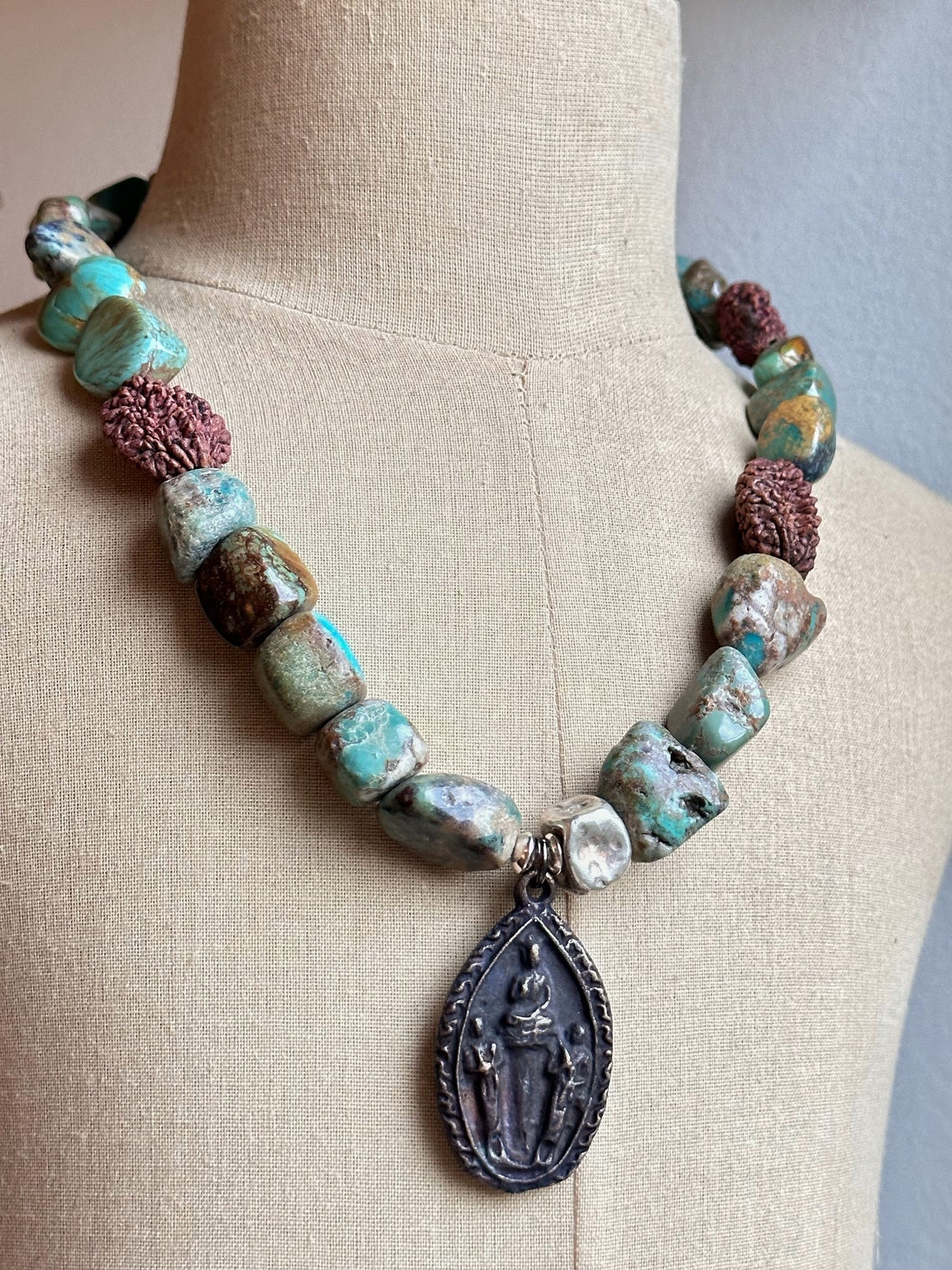 Unique Chunky Genuine American Turquoise Nugget Necklace With Rudraksha ...