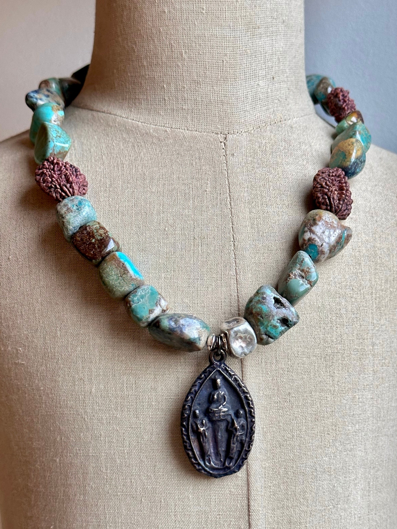 Unique Chunky Genuine American Turquoise Nugget Necklace With Rudraksha ...