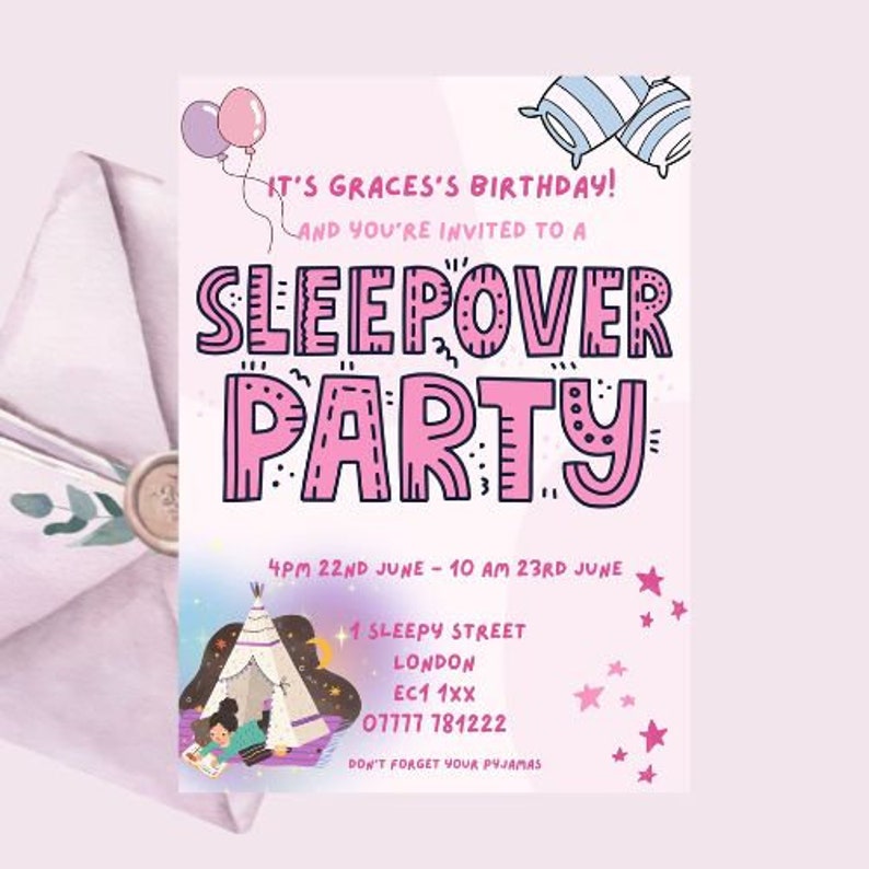 Editable Sleepover Party Invitation, Birthday Invitation, Sleepover ...