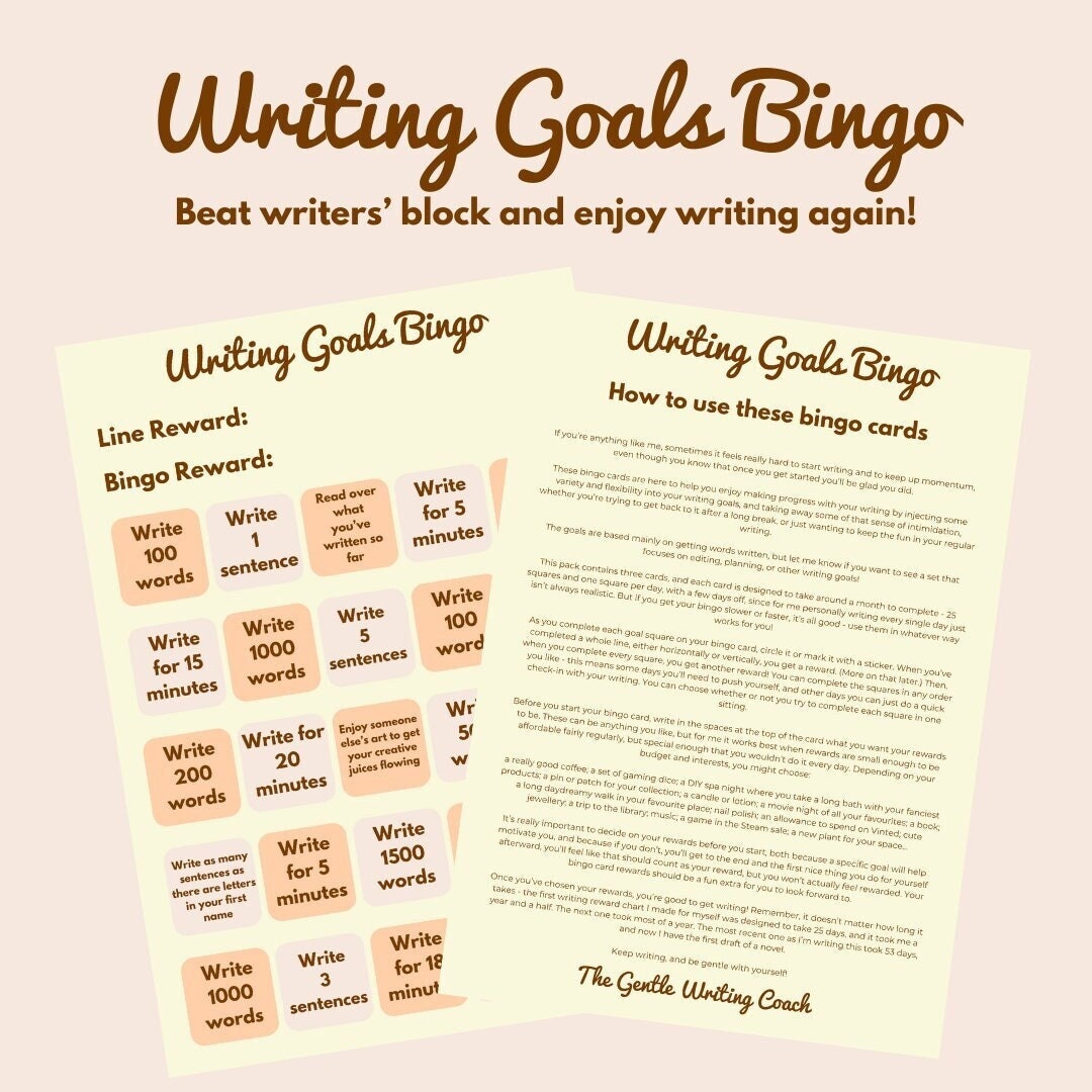 Writing Goals Bingo Cards: a Fun, Gentle Way to Beat Writers' Block ...