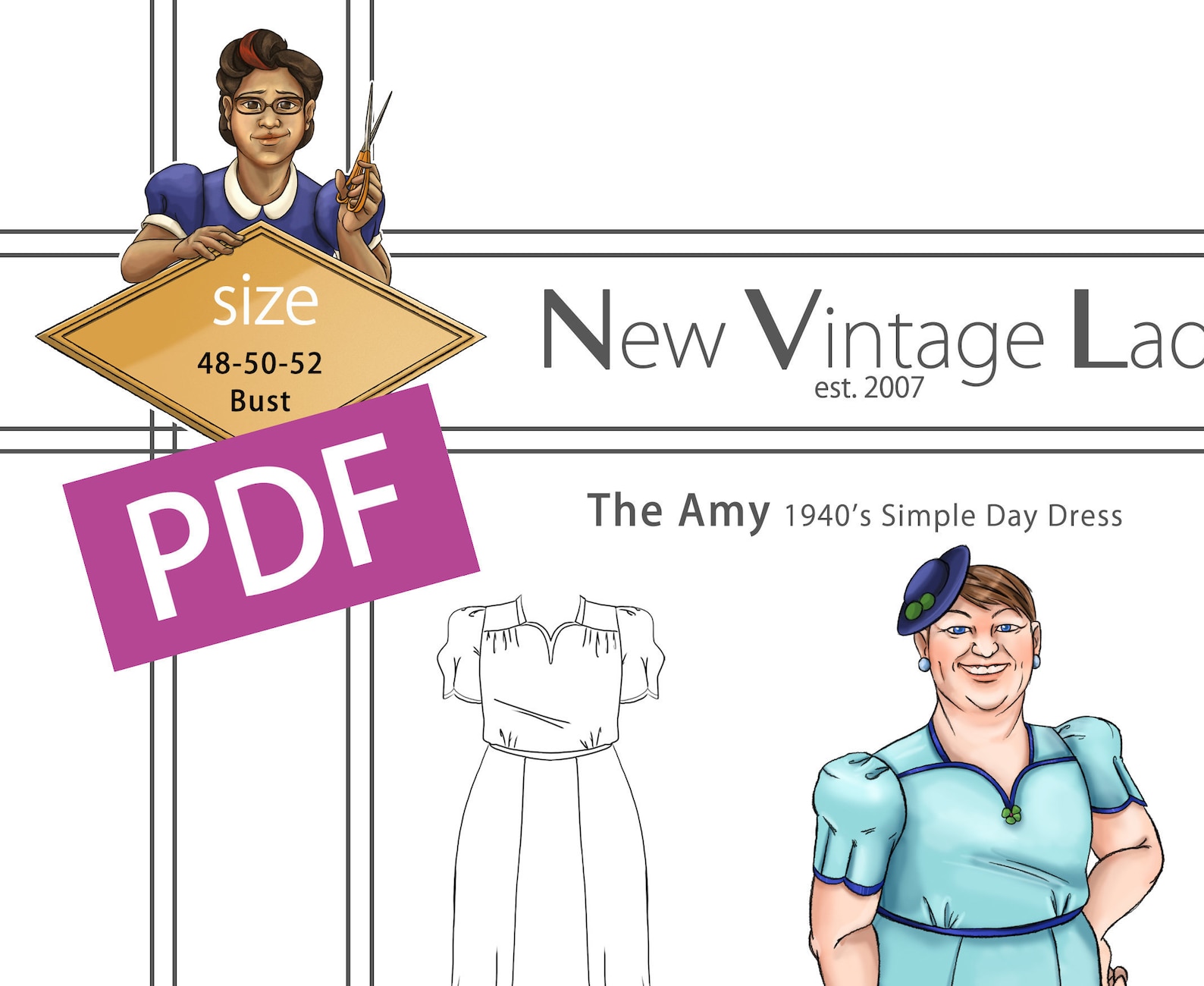 The Amy 1940s Simple Dress in PDF Size 48-50-52 Bust NVL Plus Size ...