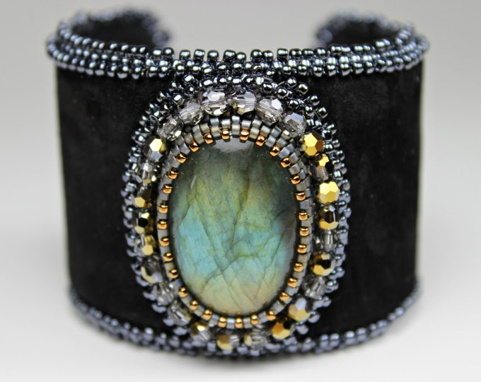 Black Leather, Labradorite Bead Embroidered Cuff - Etsy
