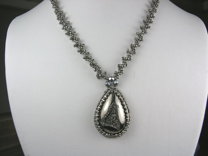 Beaded Jewelry Bead Embroidered Smokey Titanium Druzy Teardrop Necklace ...