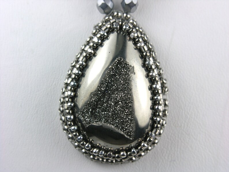 Beaded Jewelry Bead Embroidered Smokey Titanium Druzy Teardrop Necklace ...