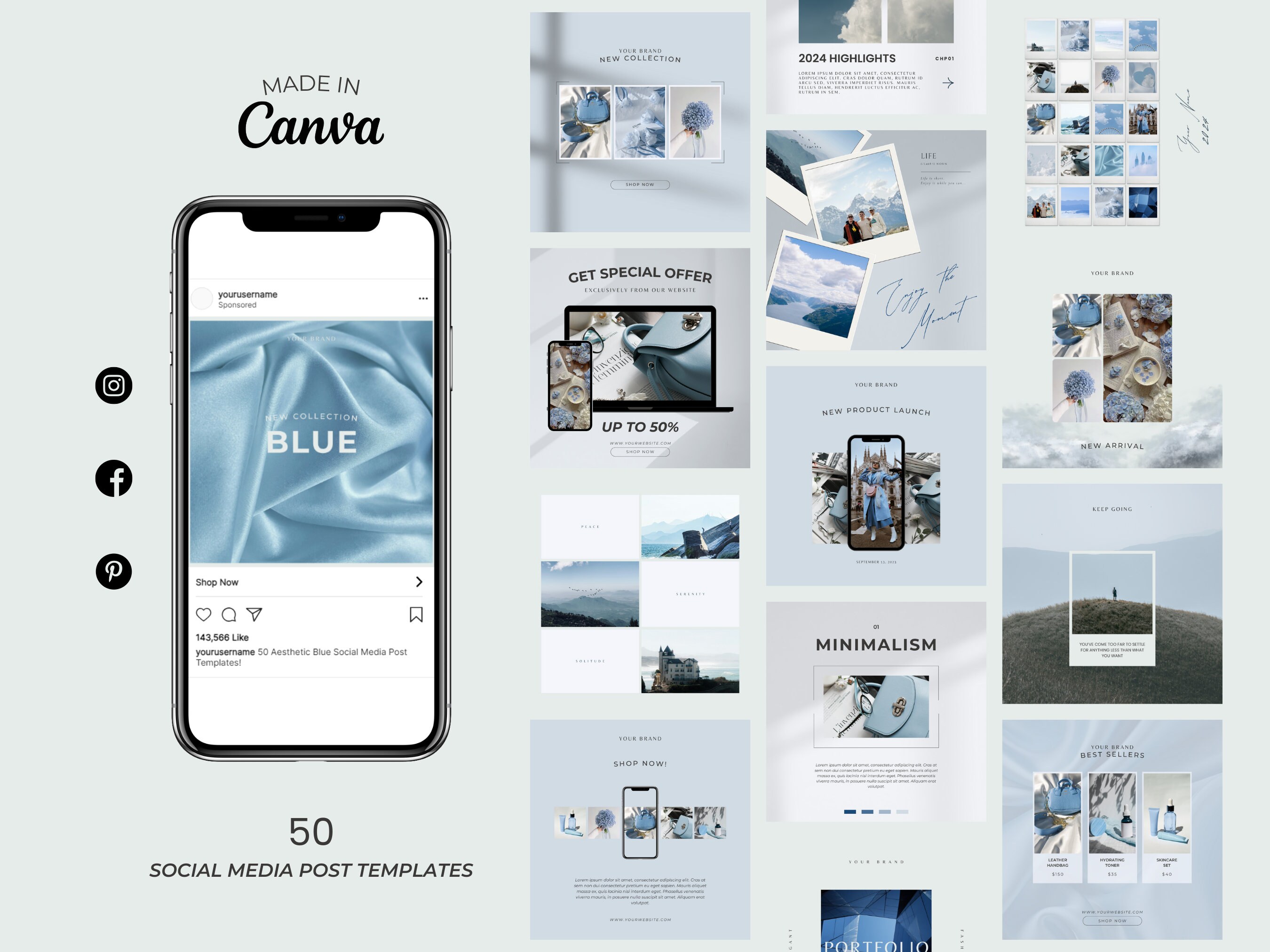 Aesthetic Blue Instagram Post Templates Minimal, Modern Carousels ...
