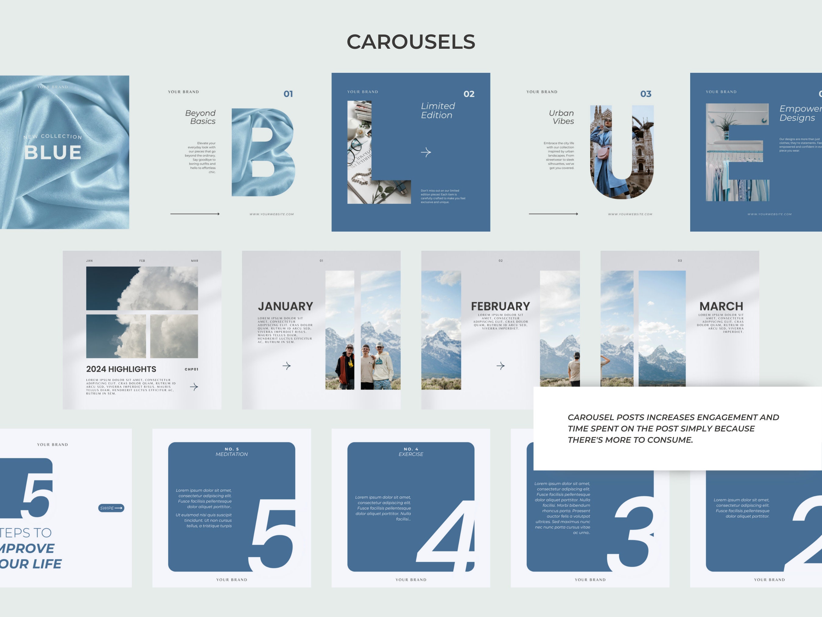 Aesthetic Blue Instagram Post Templates Minimal, Modern Carousels ...