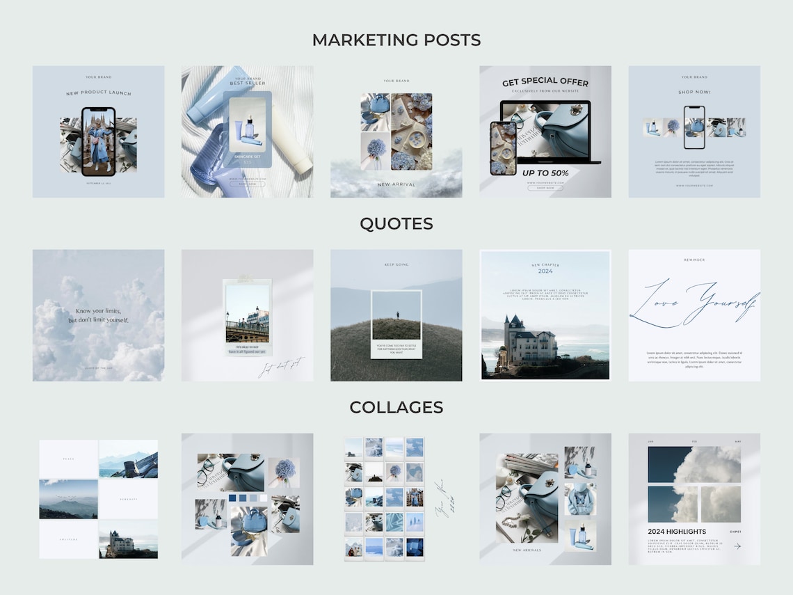 Aesthetic Blue Instagram Post Templates Minimal, Modern Carousels ...