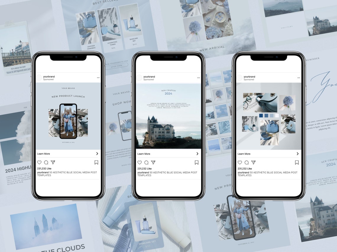 Aesthetic Blue Instagram Post Templates Minimal, Modern Carousels ...