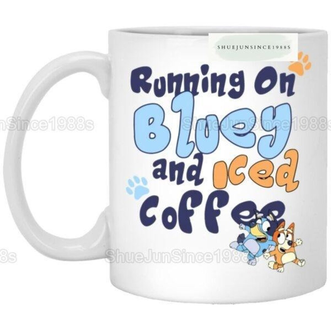 Bluey and Bingo Mug, Running on Bluey and Iced Coffee Mug, Funny Coffee ...