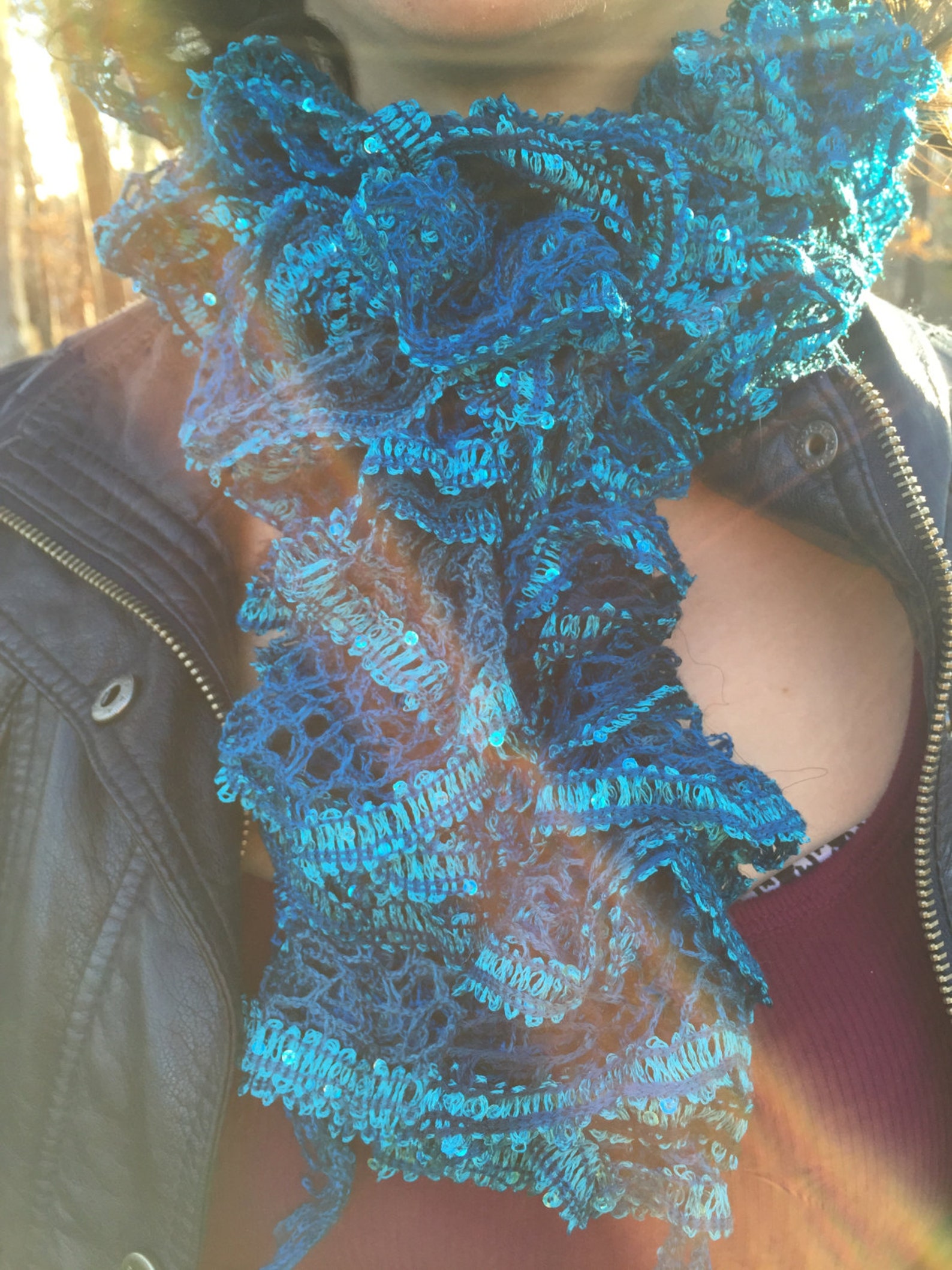 The Blue Danube - Handknit Sequin Blue Ruffle Fashion Scarf - Etsy