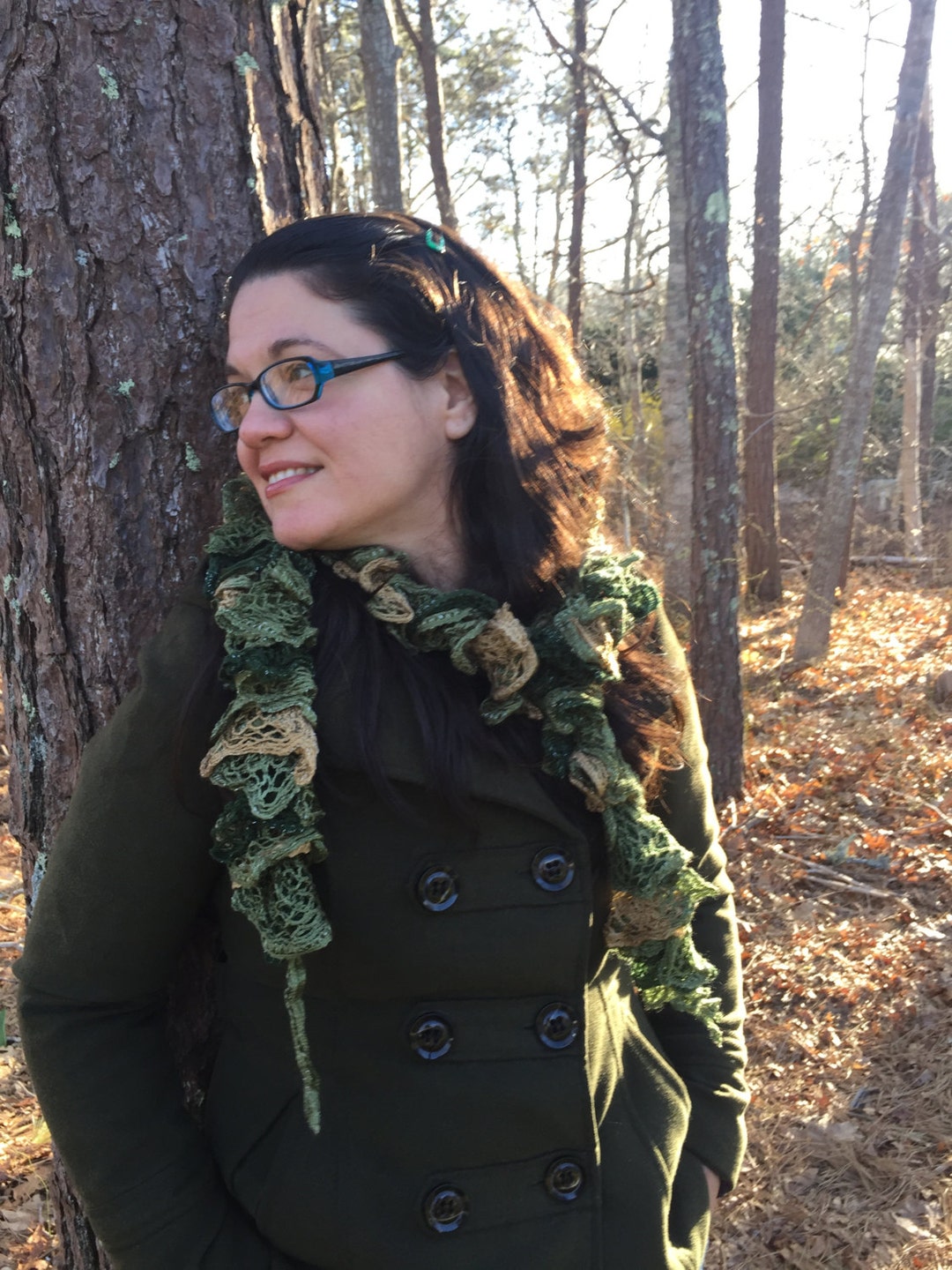 The Hunter - Handknit Green, and Tan Ruffle Fashion Scarf - Etsy
