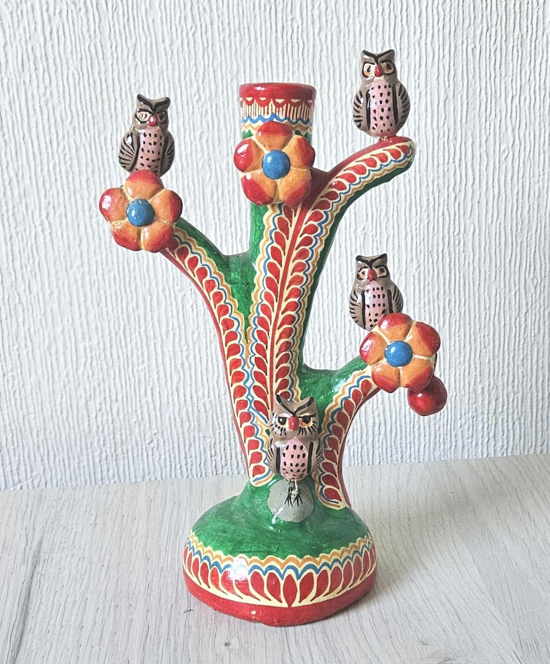 Vintage Mexico Folk Art Tree of Life Candle Holder Owls Clay Mexican ...