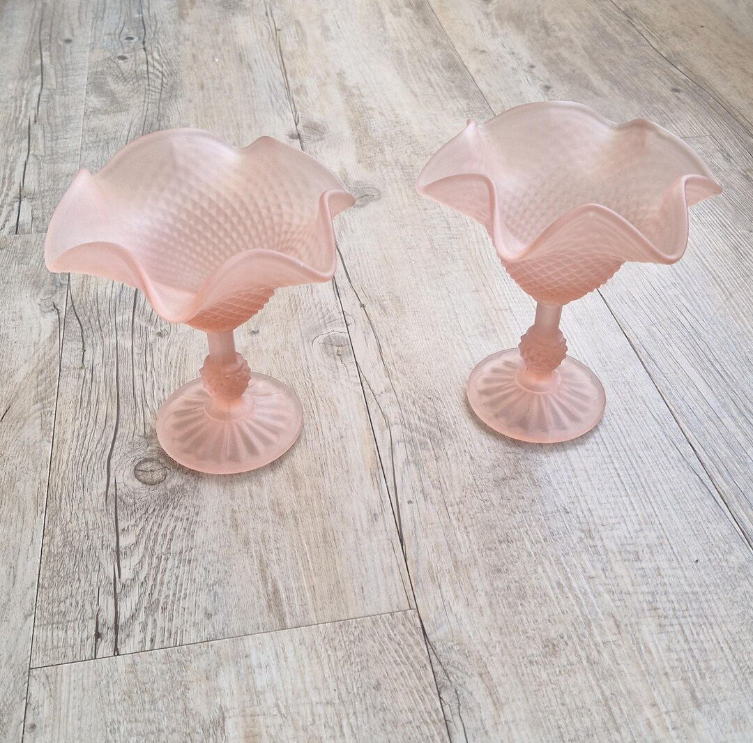 Vintage Pedestal Sundae Desert Glasses Pink Satin Glass Hobnail Sundae ...