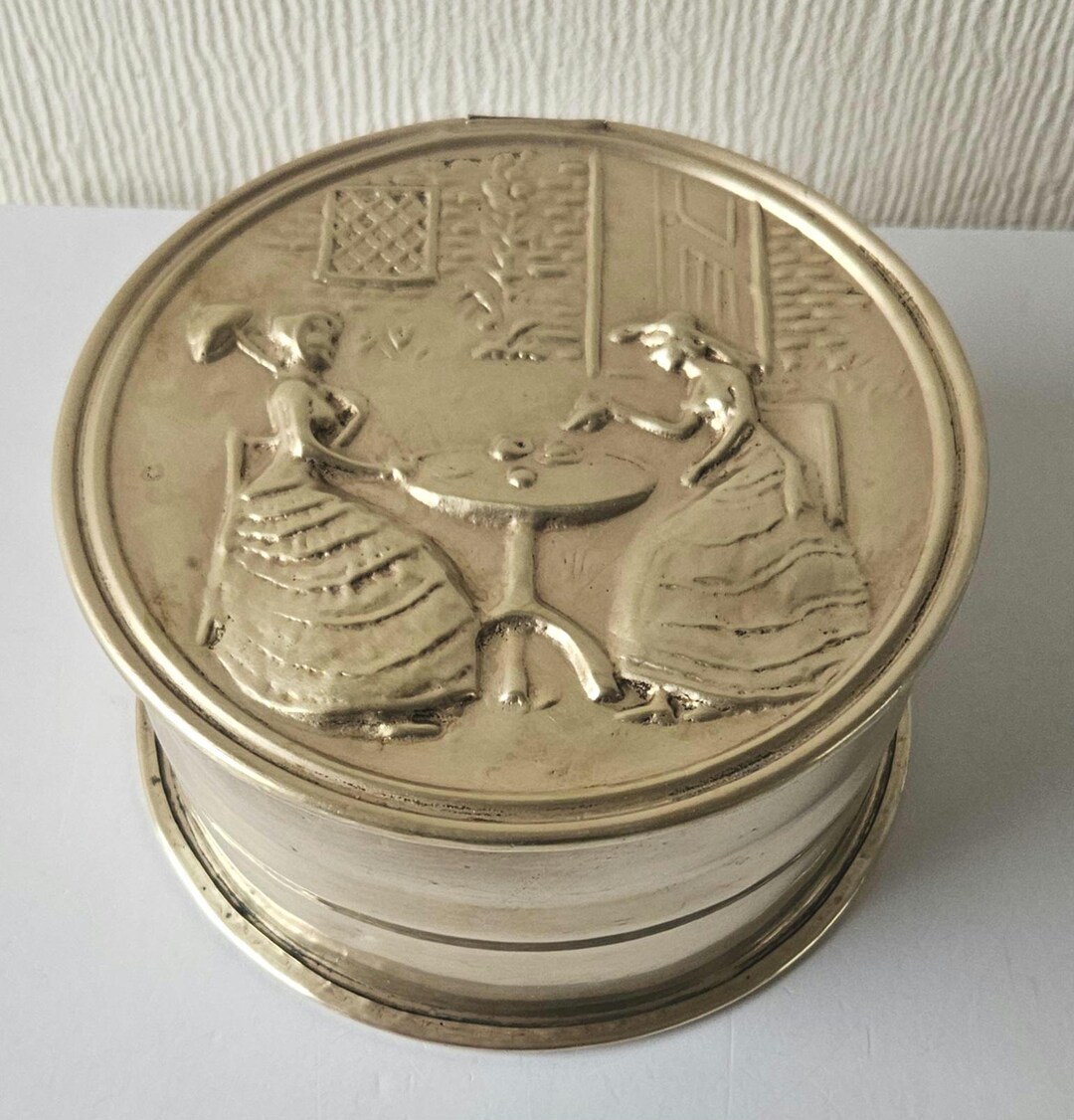 Antique Large Round Brass Hinged Box Crinoline Ladies Having Tea.made ...