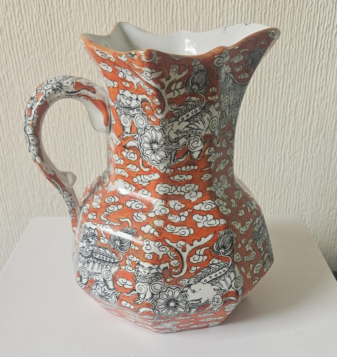 Antique Mason's Ironstone Pitcher: 19th Century Red Foo Dog Print ...