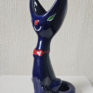 Vintage Scoop Head Cat Vase Figure Ornament Blue Glazed Midcentury 23cm ...