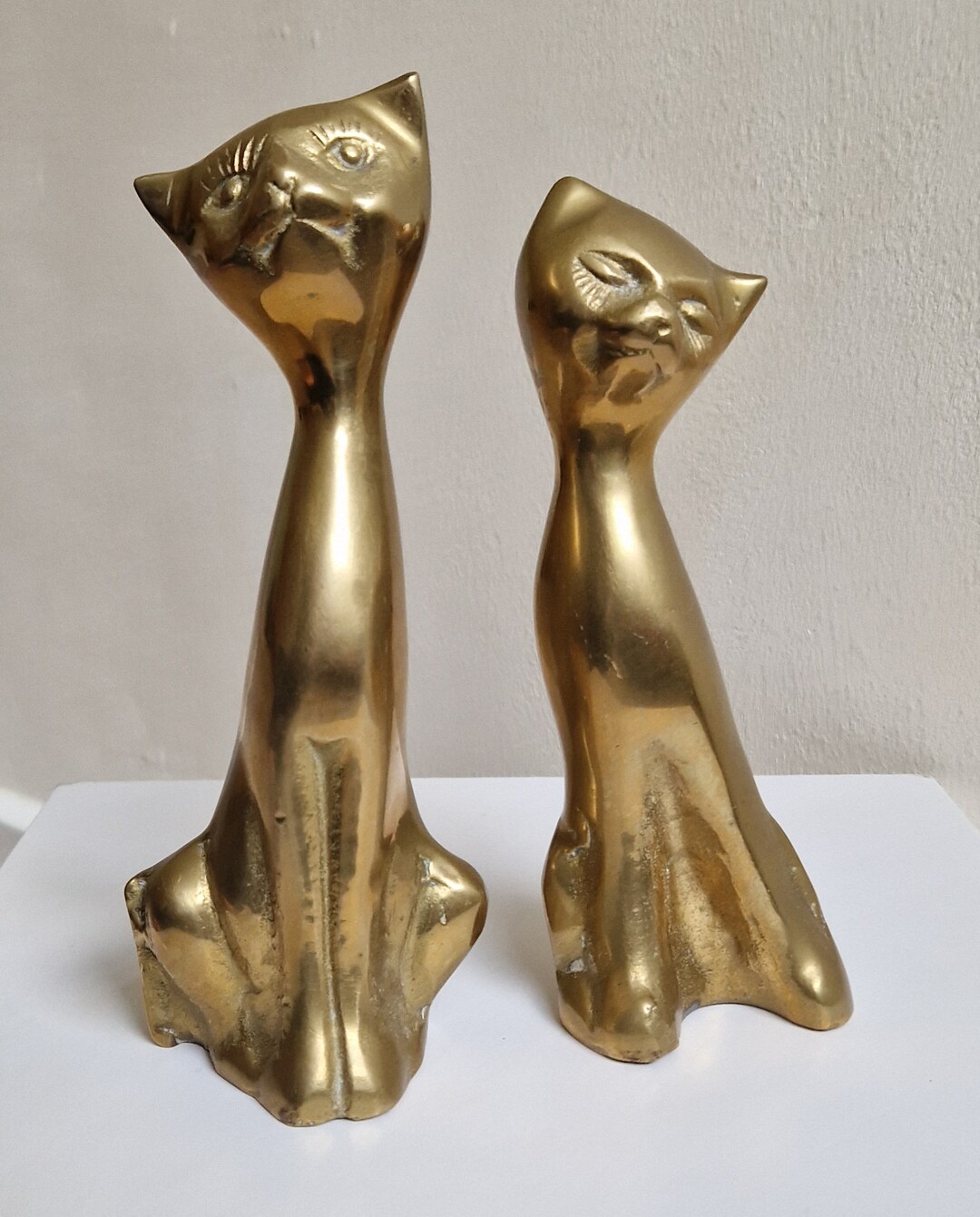 Mid-century Brass Stylised Cat Statue Set Pair of Sitting Long Neck ...