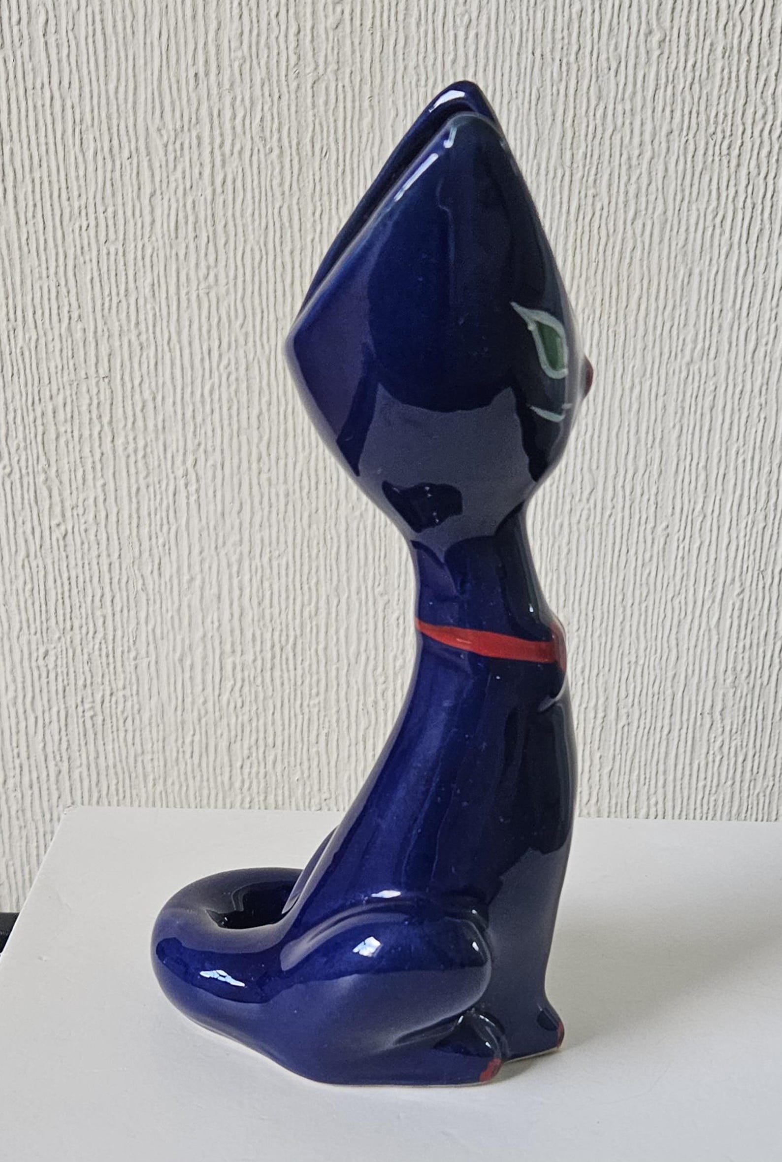 Vintage Scoop Head Cat Vase Figure Ornament Blue Glazed Midcentury 23cm ...