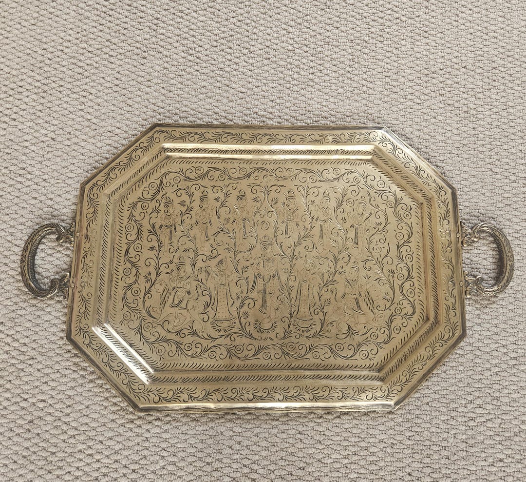 Brass Indian Serving Tray With Handles Pictorial Engraved Vintage Large ...