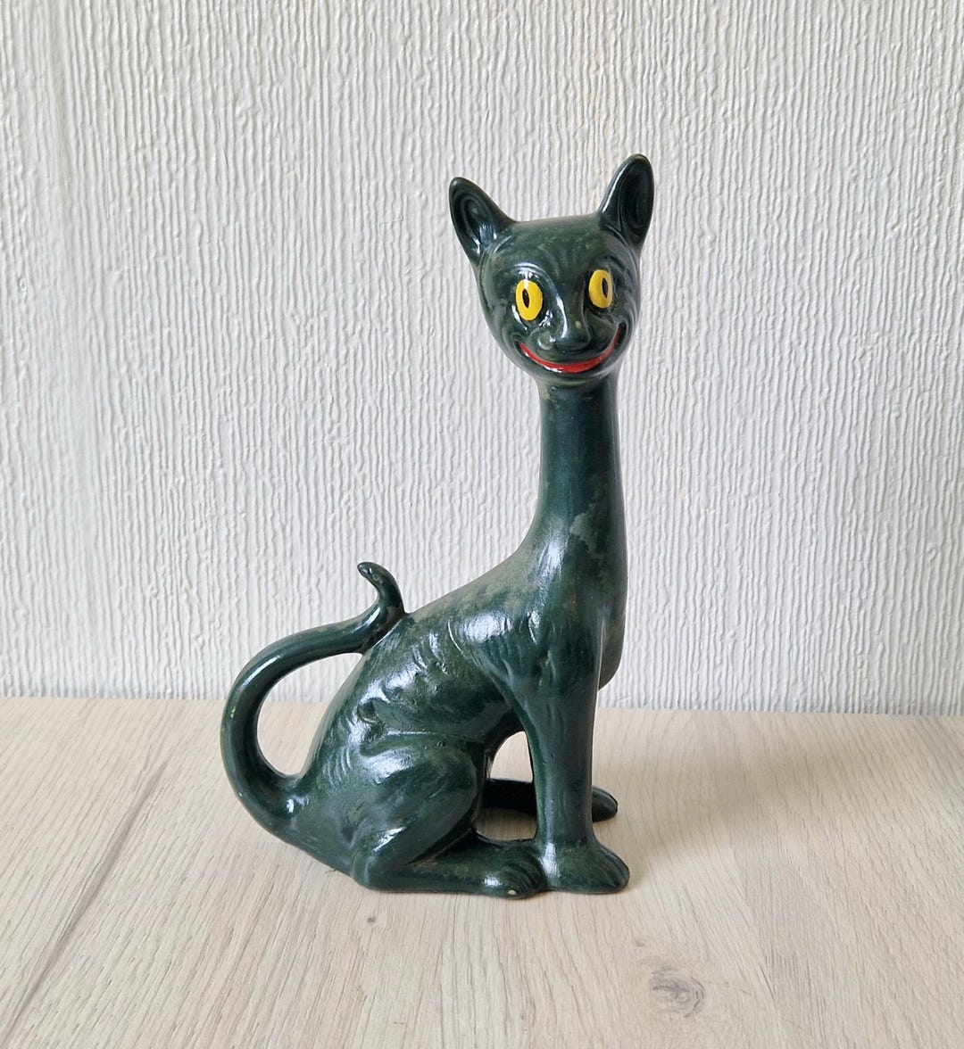 Victorian Grotesque Green Ceramic Grinning Cat Figure Ornament 21.8cm ...