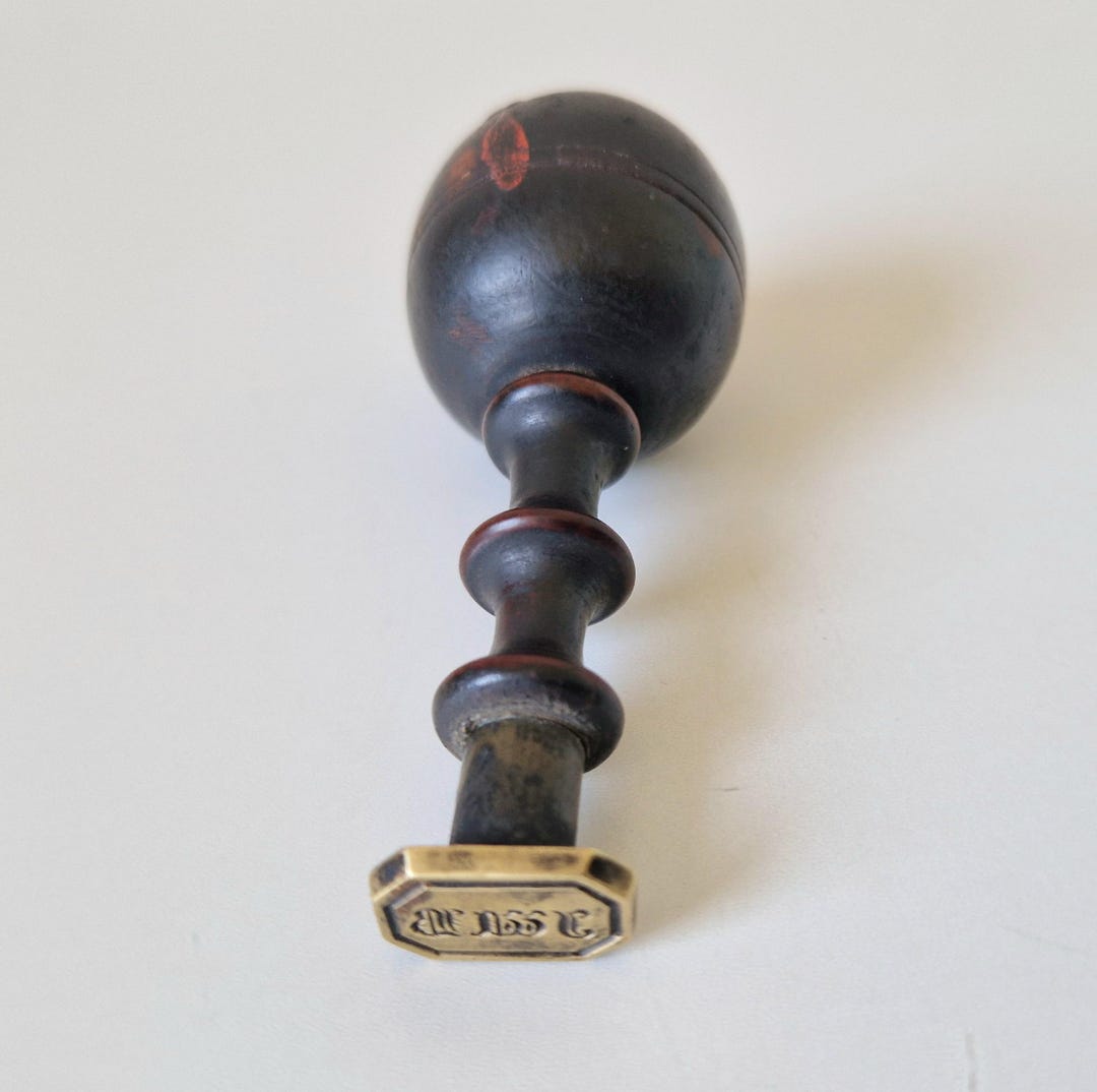 Antique Georgian Turned Fruitwood Treen & Brass Wax Seal Stamp Initials ...