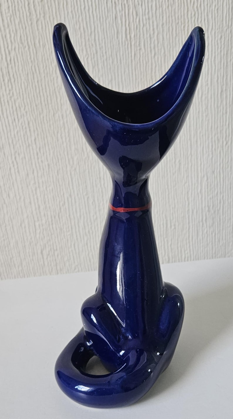 Vintage Scoop Head Cat Vase Figure Ornament Blue Glazed Midcentury 23cm ...