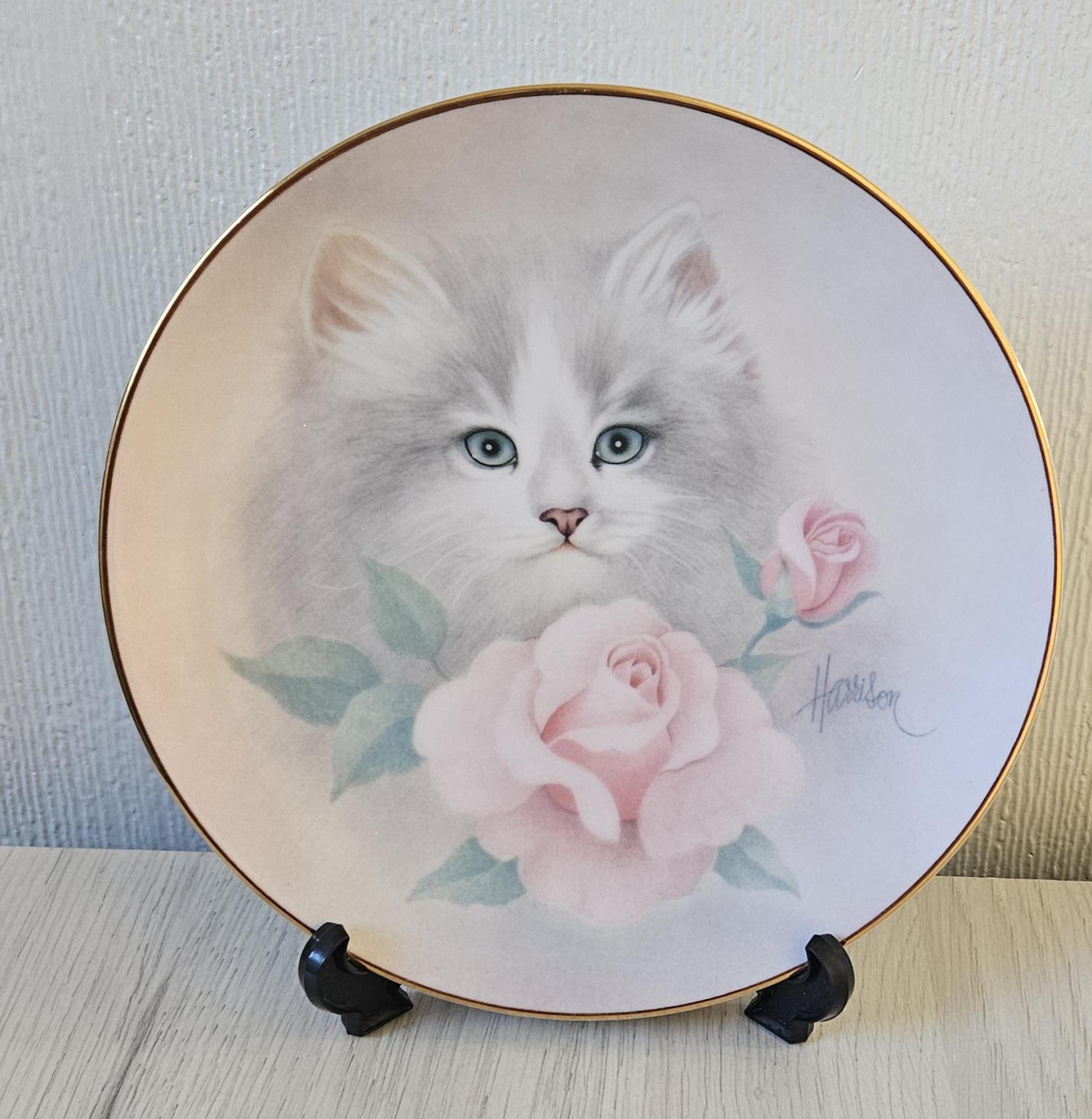 Vintage Cat Plates Set of 2 Floral Decor Wall Plates Collectible Cat ...