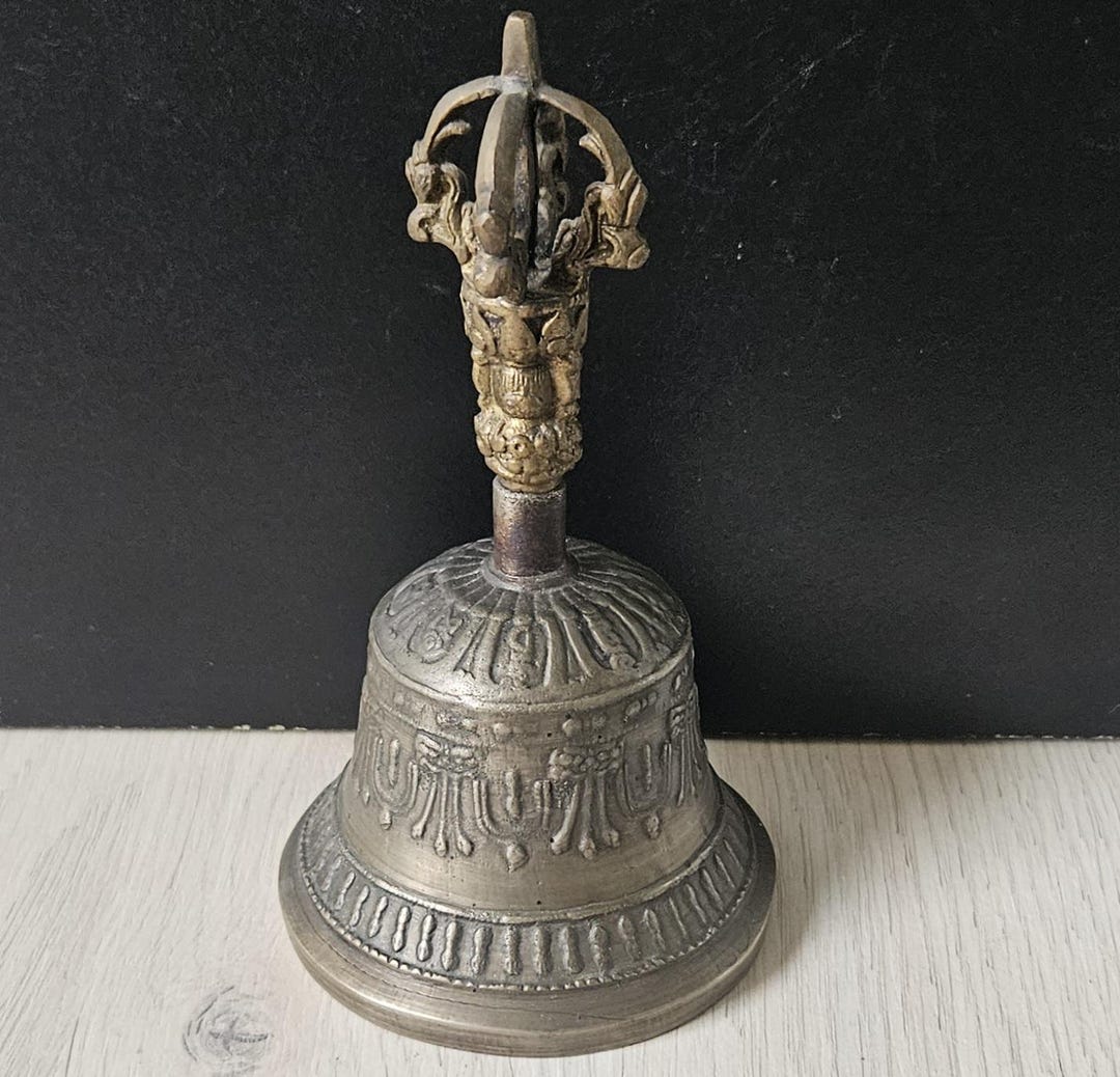 Vintage Brass Tibetan Prayer Hand Bell Temple Ritual Bell With Dorje ...