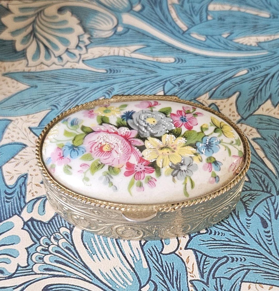 Vintage Pretty Metal Pill Trinket Box With Floral Design Oval ...