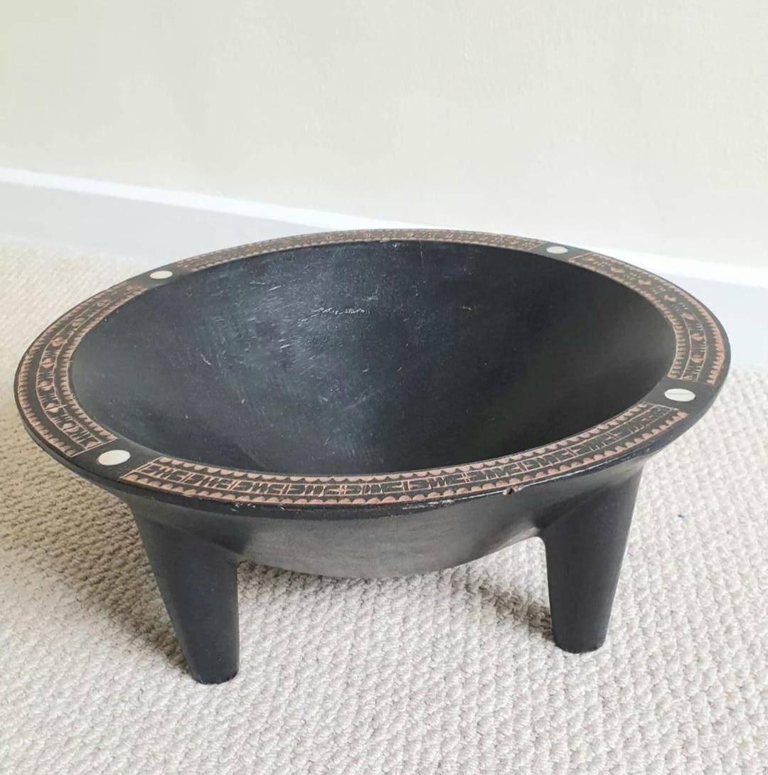 Fijian Carved Kava Bowl 31cm Polynesian Ornate Design Inlay Four Legs ...