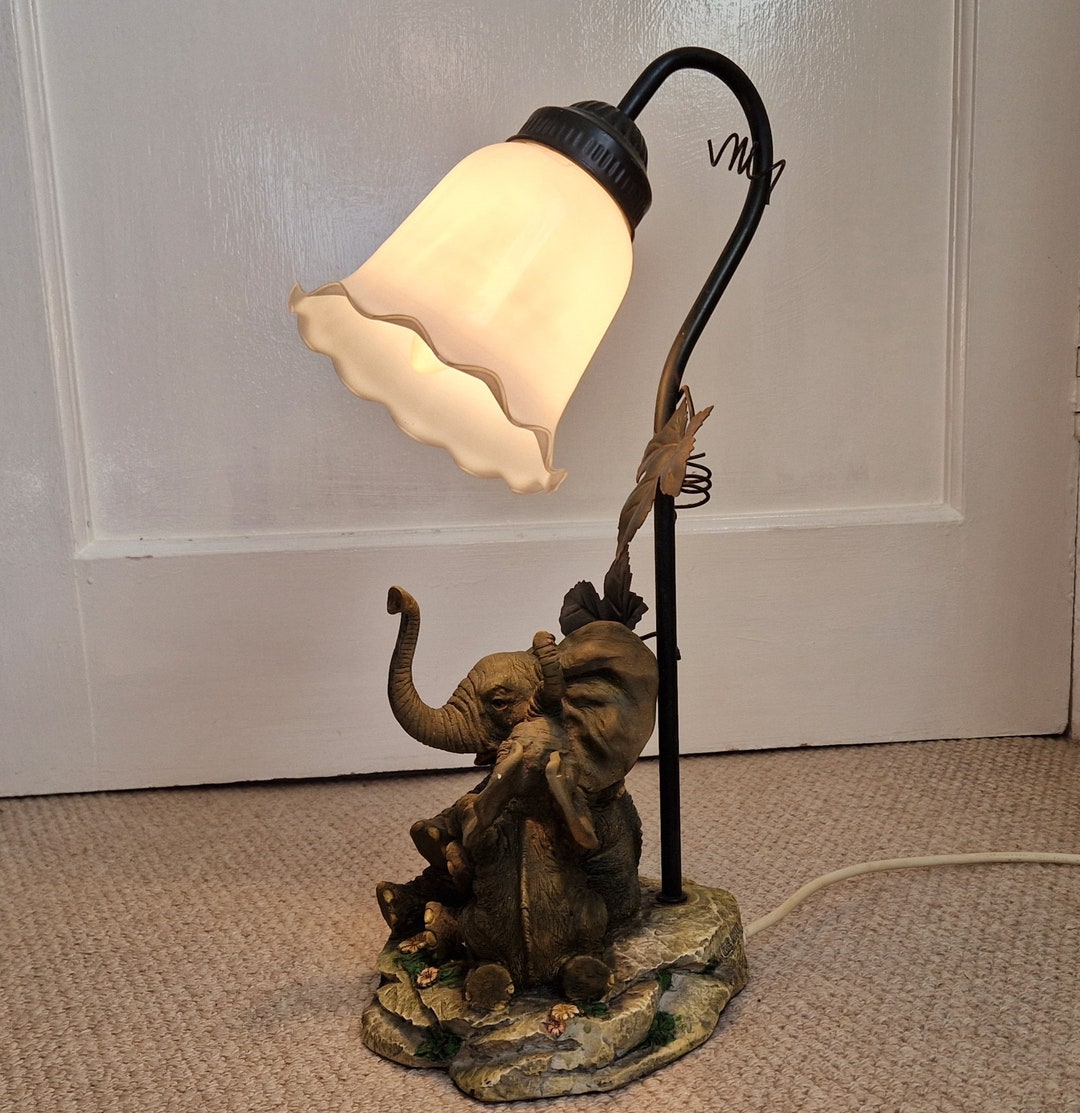 Vintage Widdop Bingham Elephants Table Lamp Opaline Glass Shade Signed ...