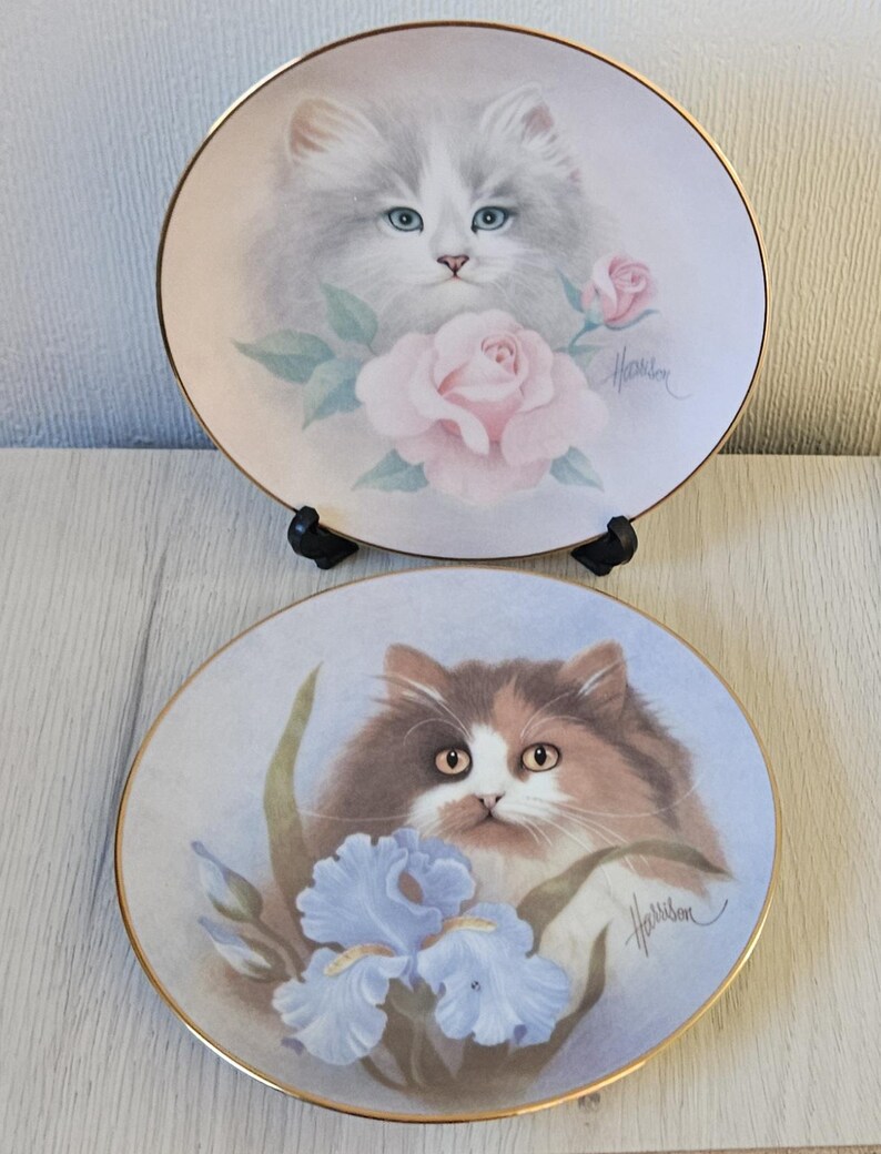 Vintage Cat Plates Set of 2 Floral Decor Wall Plates Collectible Cat ...